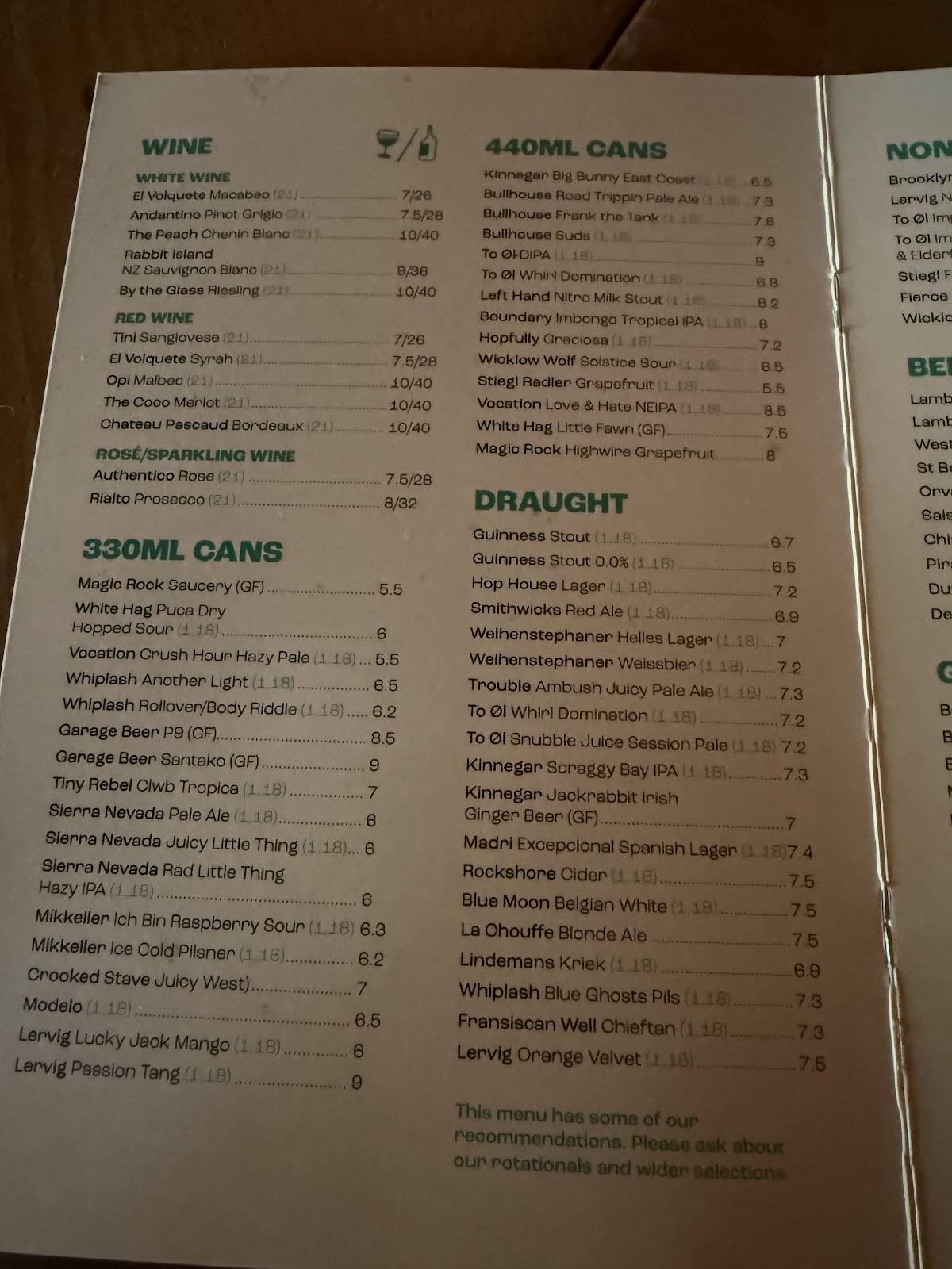 Menu at Bonobo, Smithfield pub & bar, Dublin