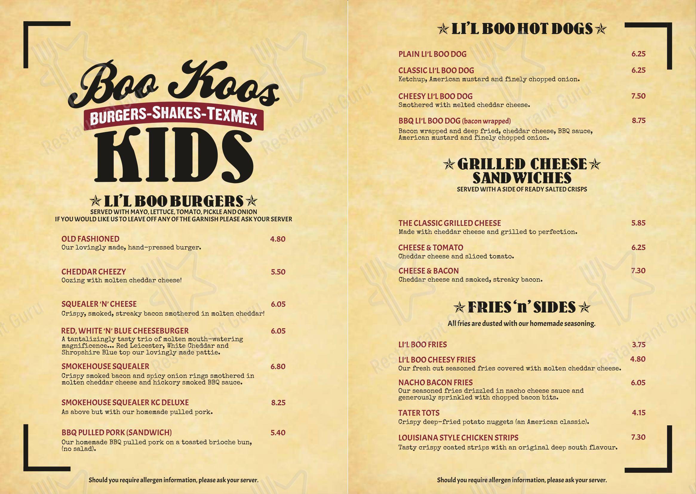 Menu at Boo Koos restaurant, Helston