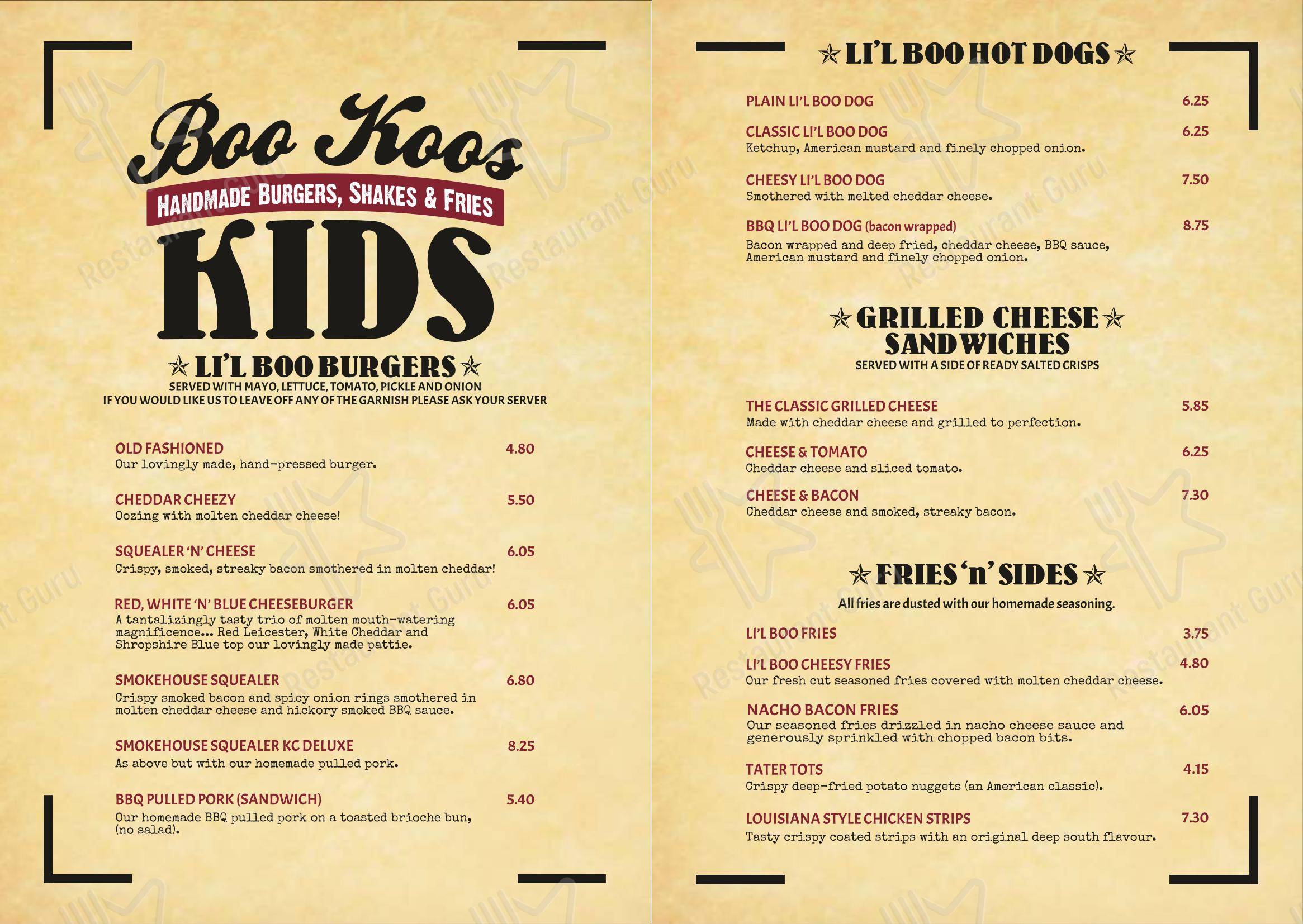 Menu at Boo Koos restaurant, Helston