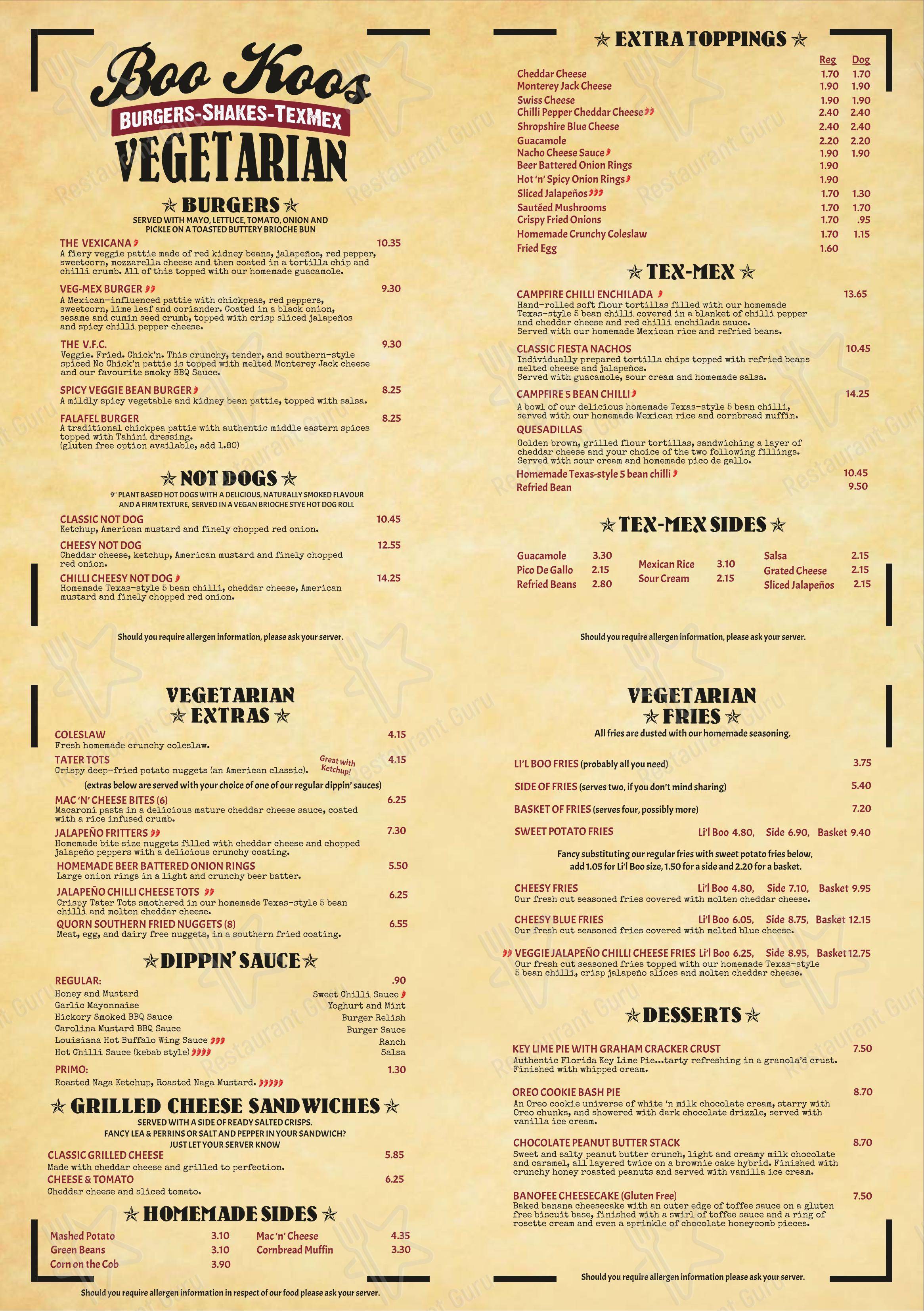 Menu at Boo Koos restaurant, Helston