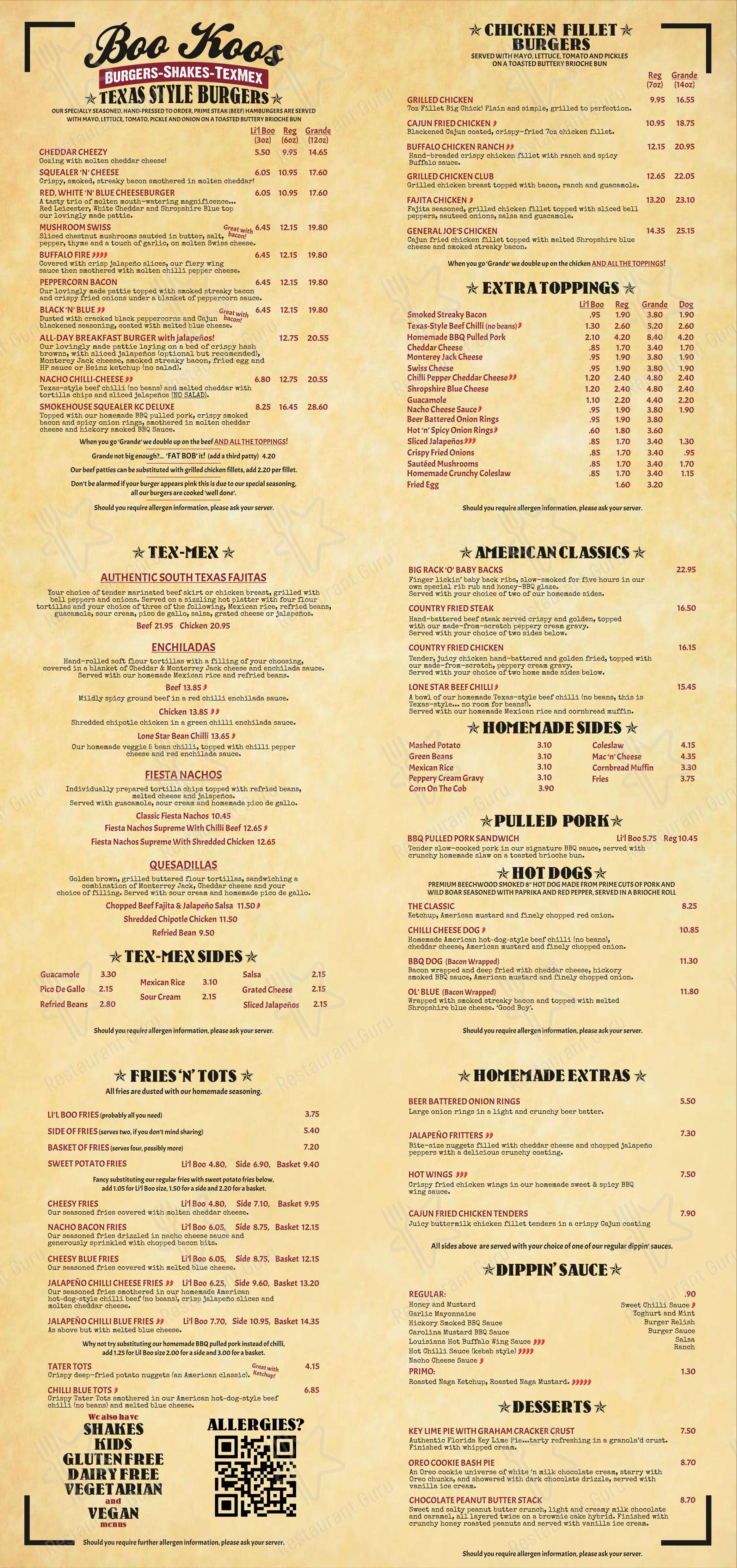 Menu at Boo Koos restaurant, Helston