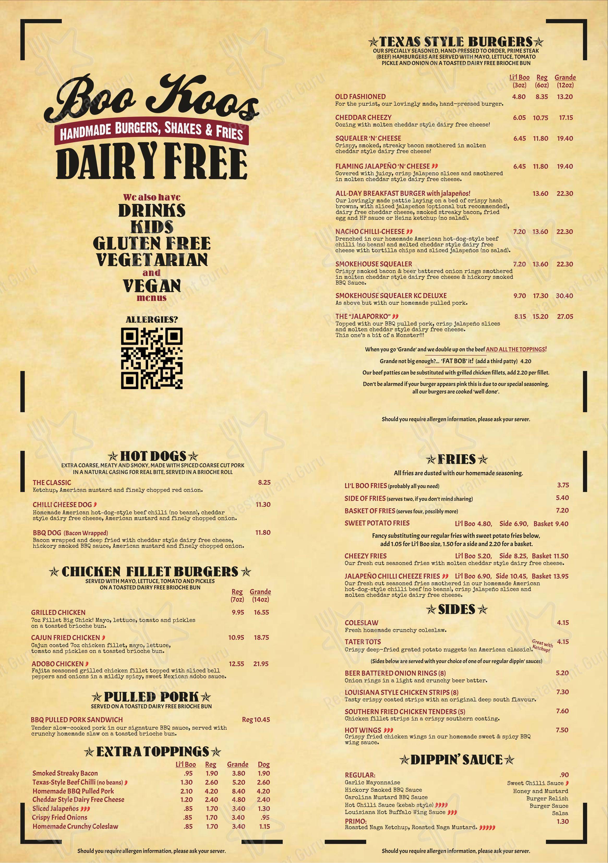 Menu at Boo Koos restaurant, Helston