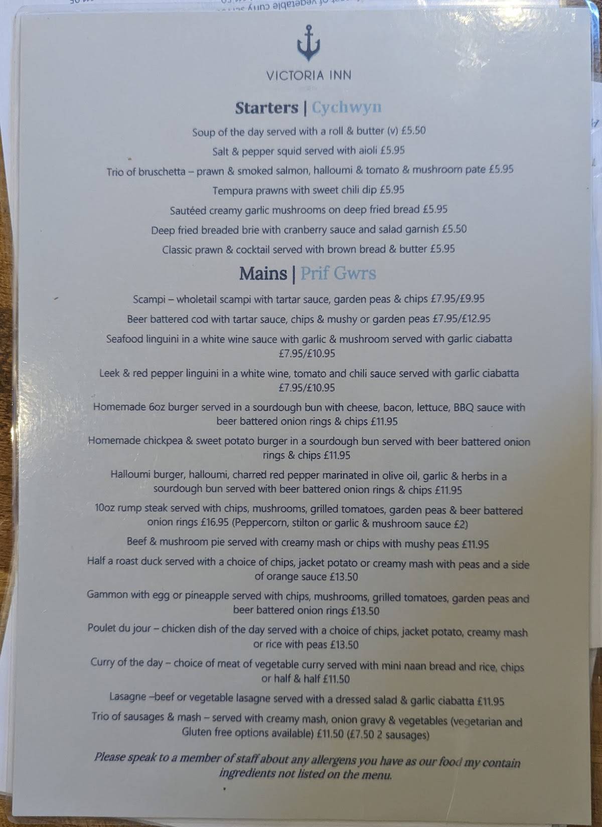 Menu at Victoria Inn pub & bar, Borth