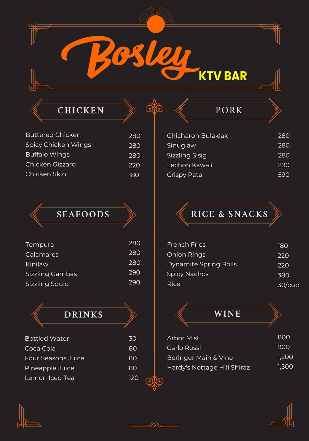 Carta de Bosley KTV BAR, Butuan