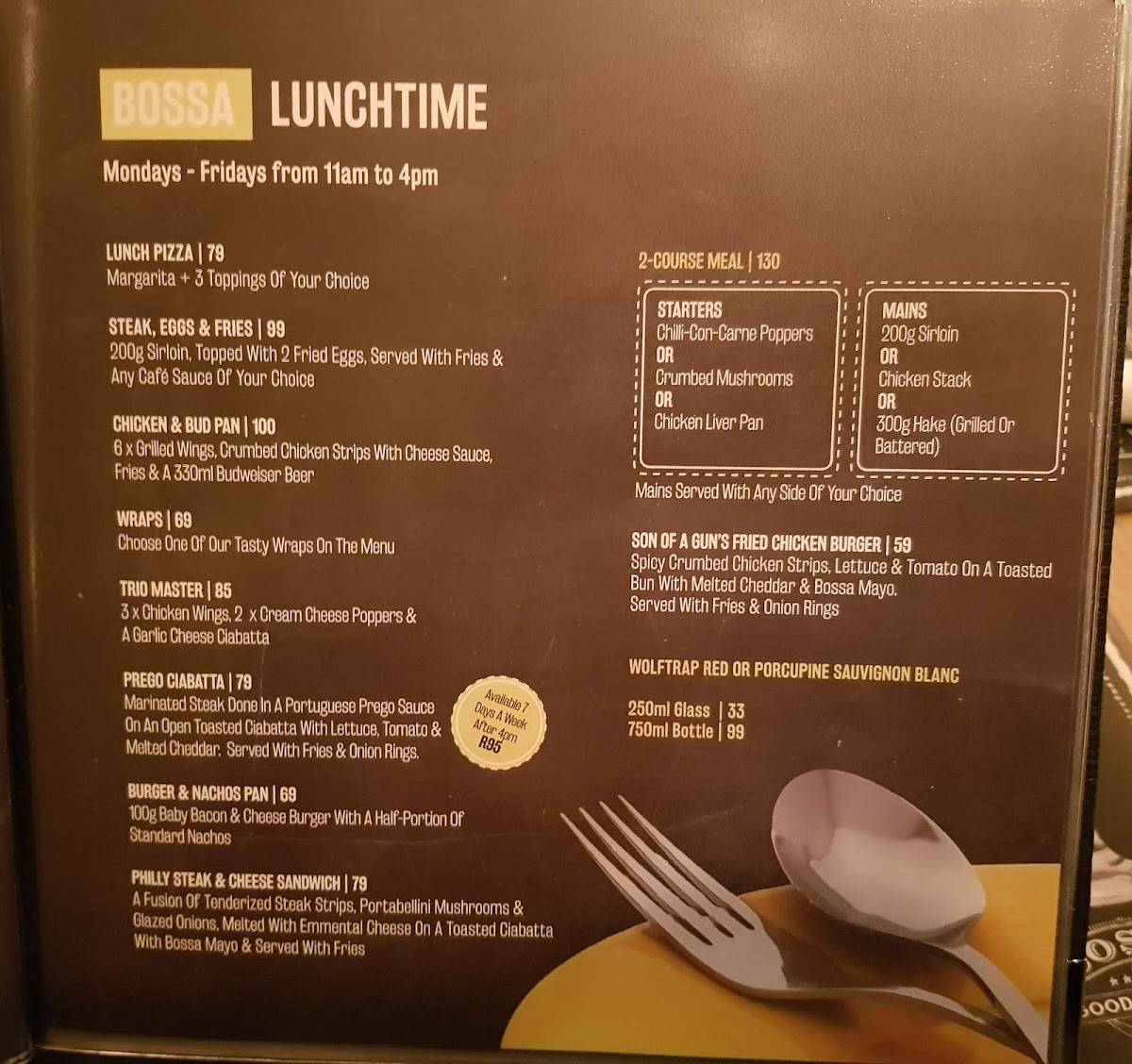 Menu at Bossa Stellenbosch restaurant, Cape Town