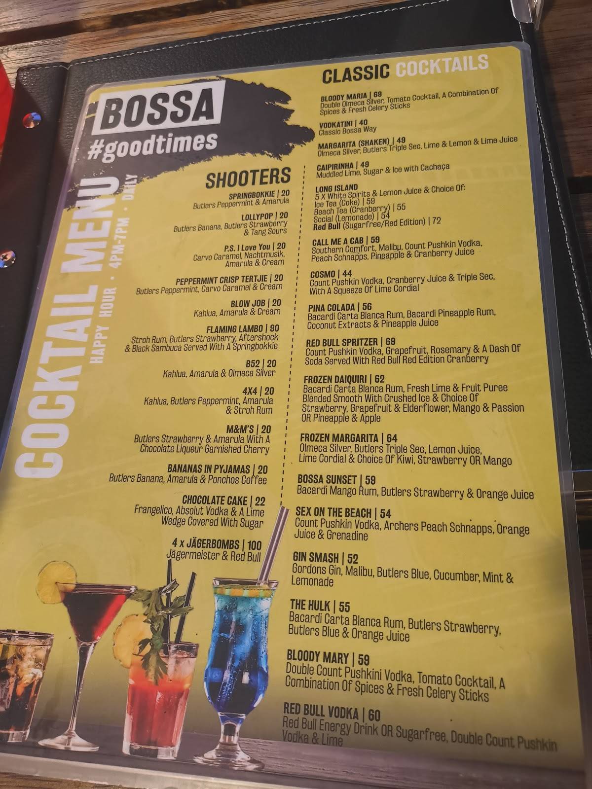 Menu at Bossa Stellenbosch restaurant, Cape Town