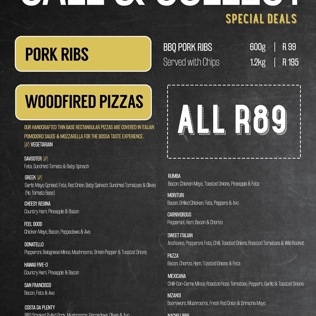 Menu at Bossa Stellenbosch restaurant, Cape Town