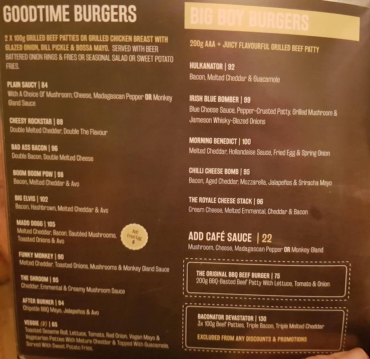 Menu at Bossa Stellenbosch restaurant, Cape Town