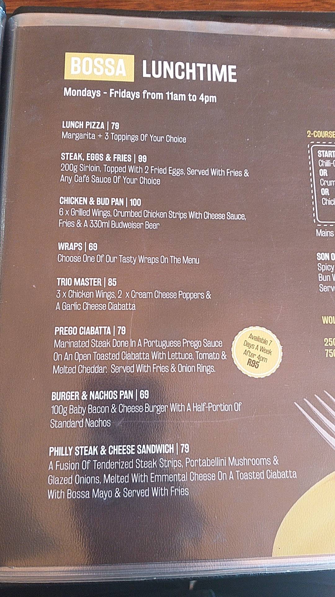 Menu at Bossa Stellenbosch restaurant, Cape Town