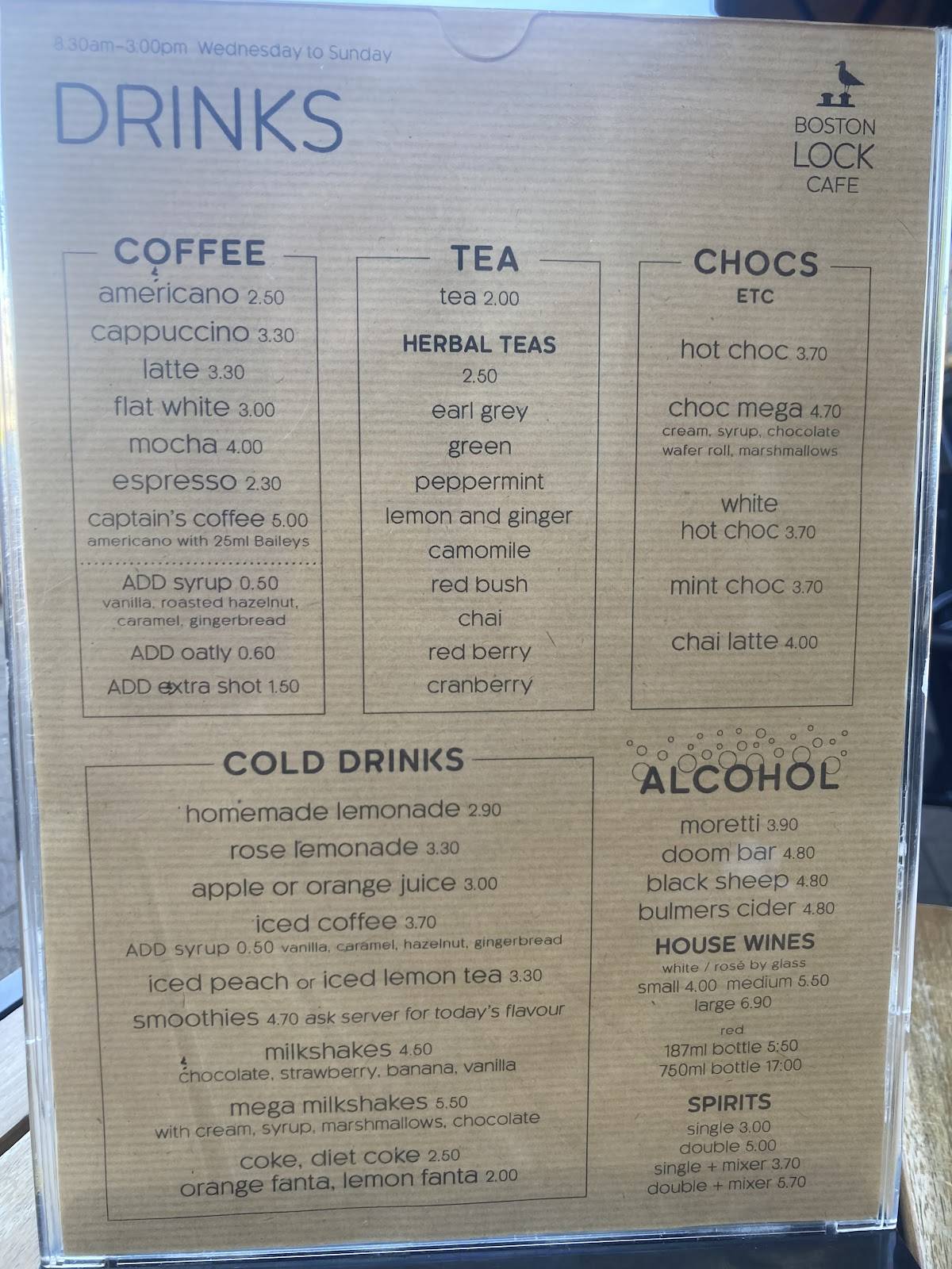 Menu at Boston Lock Café cafe, Boston