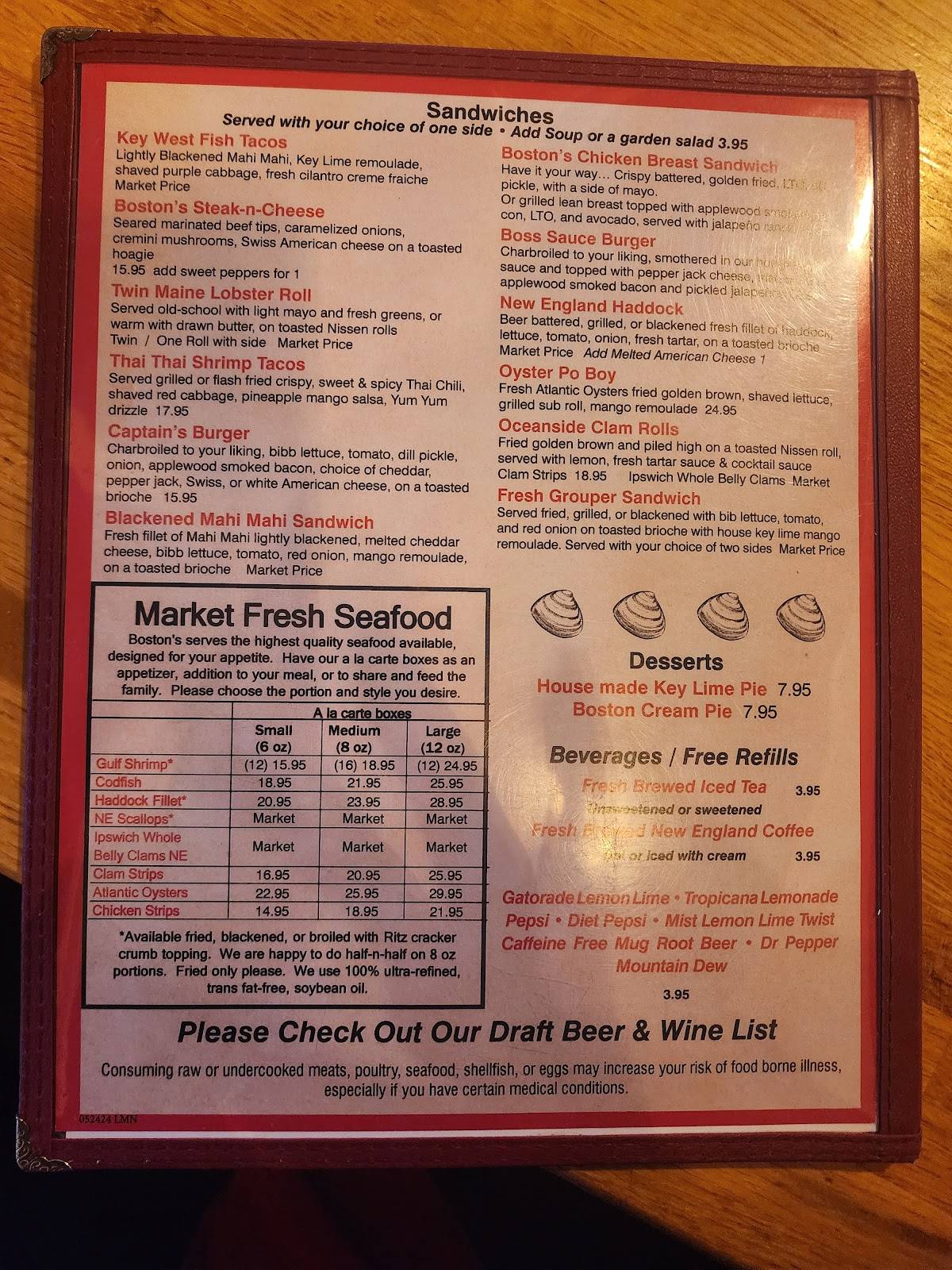 Menu at Boston's Fish House restaurant, New Smyrna Beach, S Atlantic Ave