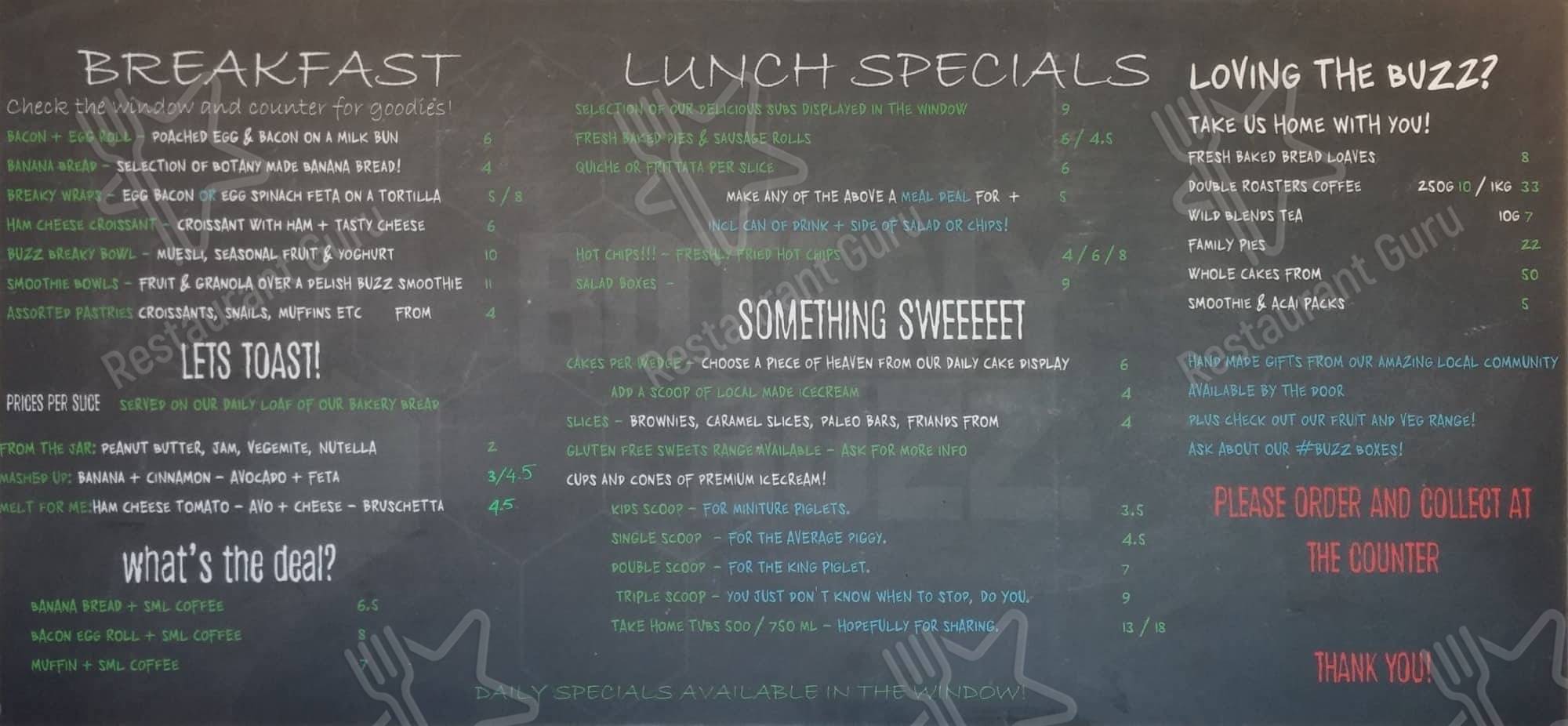 Menu at Botany Buzz cafe, Botany