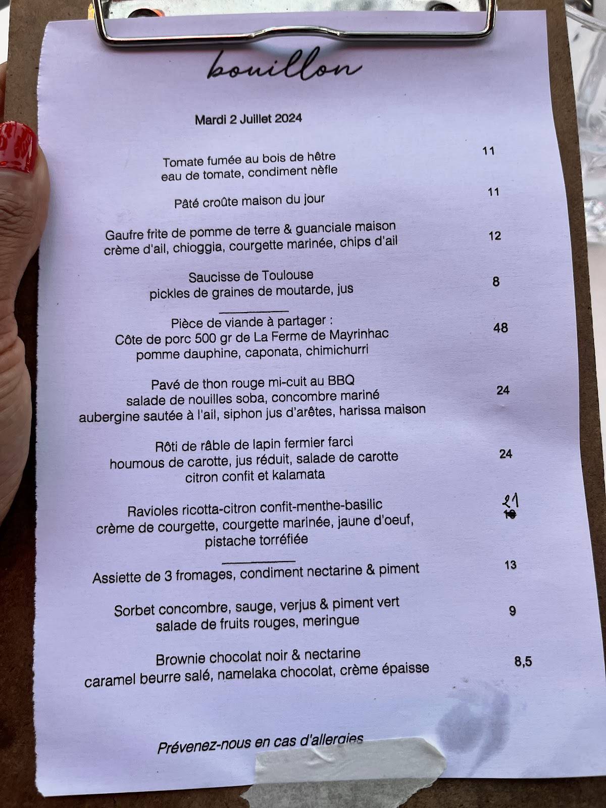 Menu at Bouillon restaurant, Marseille, 67 Bd Chave