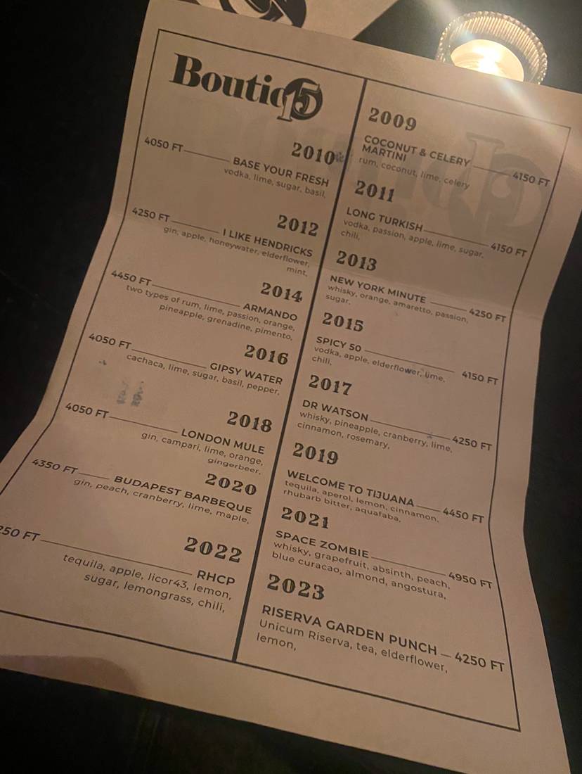 Menu at Boutiq Bar, Budapest