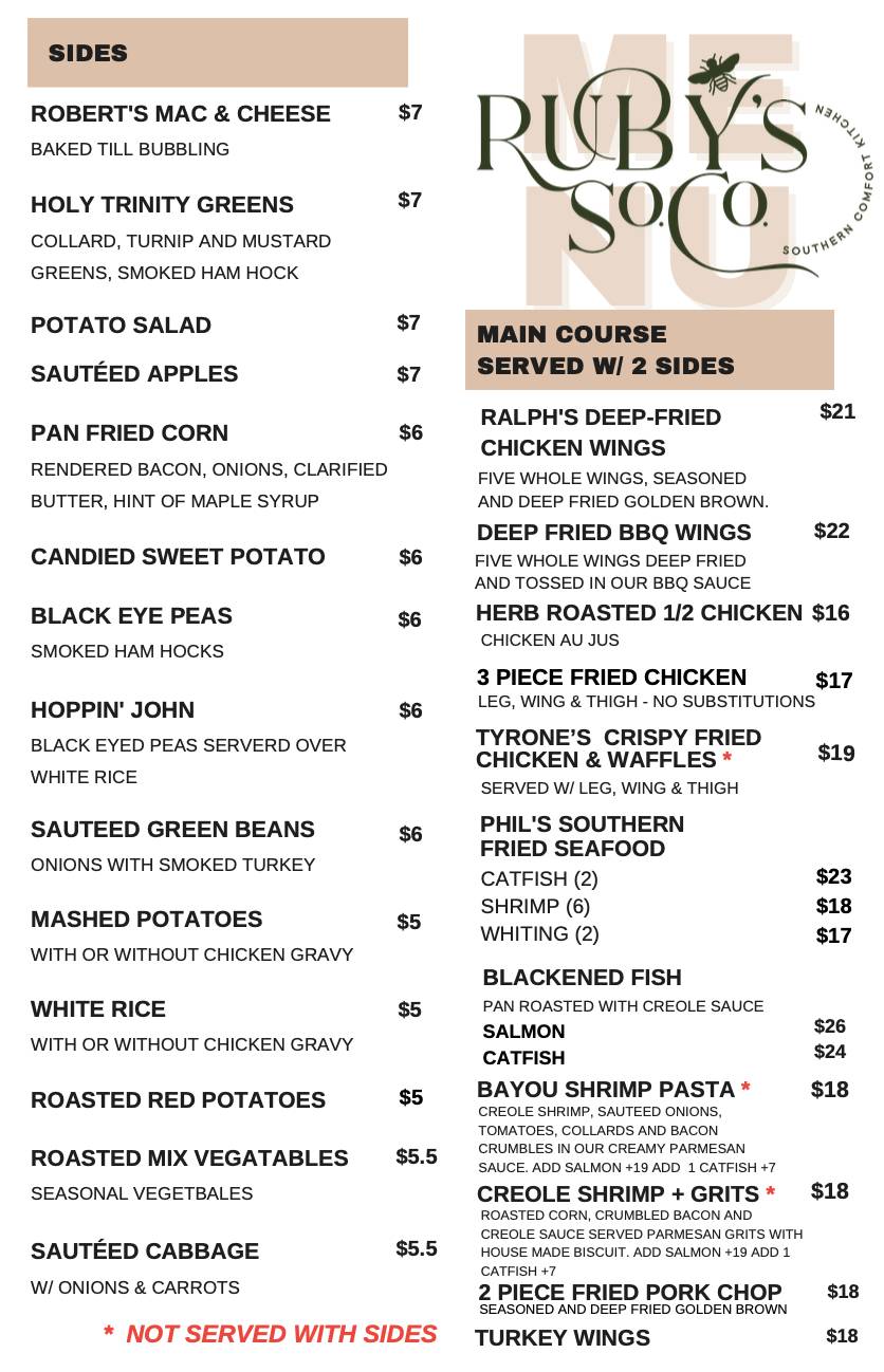 Menu at Ruby's Southern Comfort Kitchen restaurant, Bowie, Mitchellville Rd