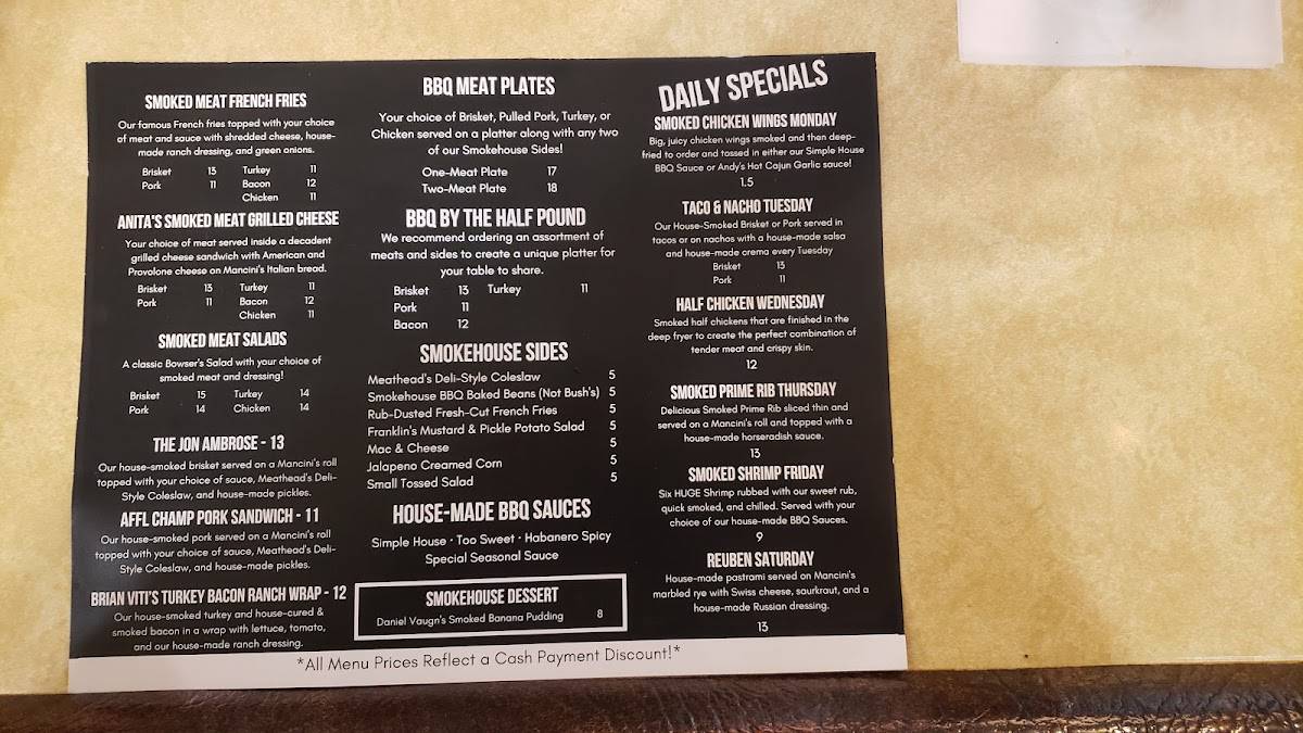 Menu at Bowser's restaurant, Monaca