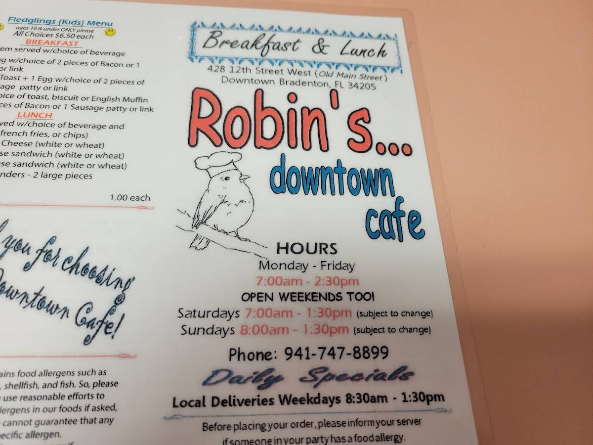 Menu at Robin's Downtown Cafe, Bradenton