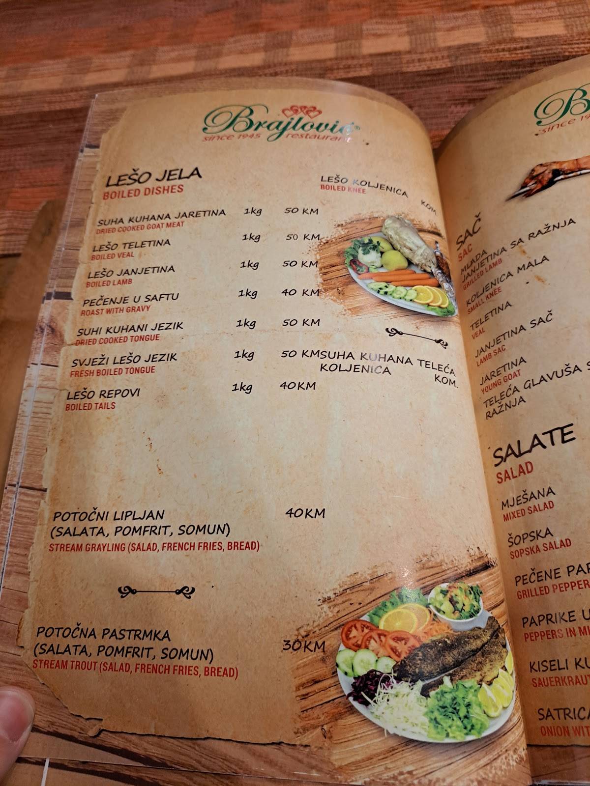 Menu at Brajlović restaurant, Ilidža, Samira Ćatovića Kobre 6