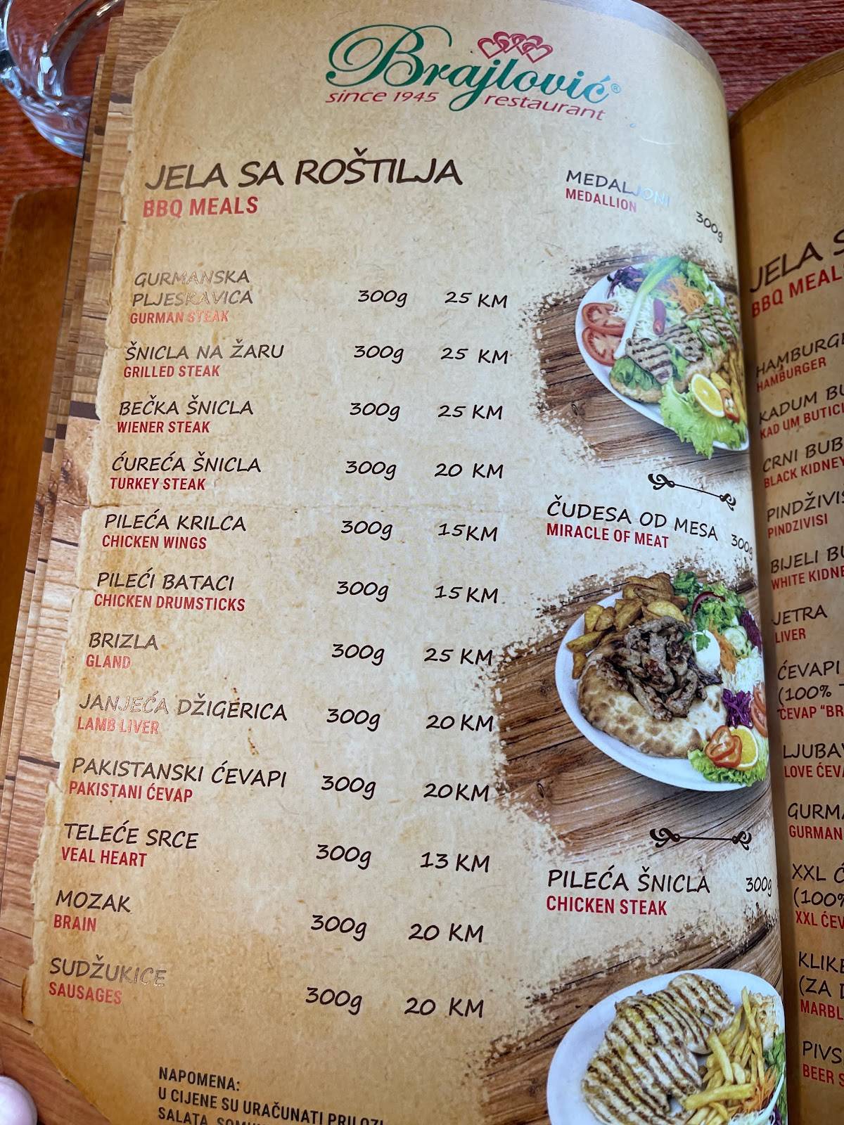 Menu at Brajlović restaurant, Ilidža, Samira Ćatovića Kobre 6