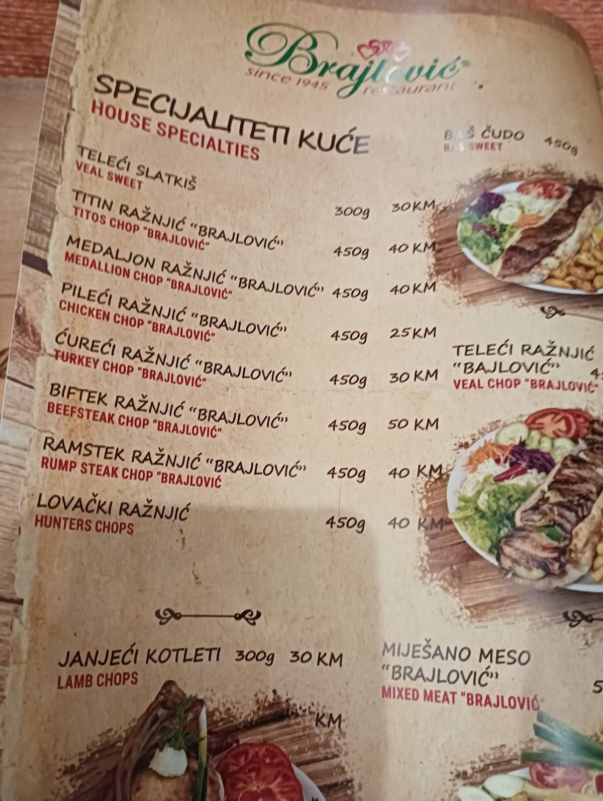 Menu at Brajlović restaurant, Ilidža, Samira Ćatovića Kobre 6