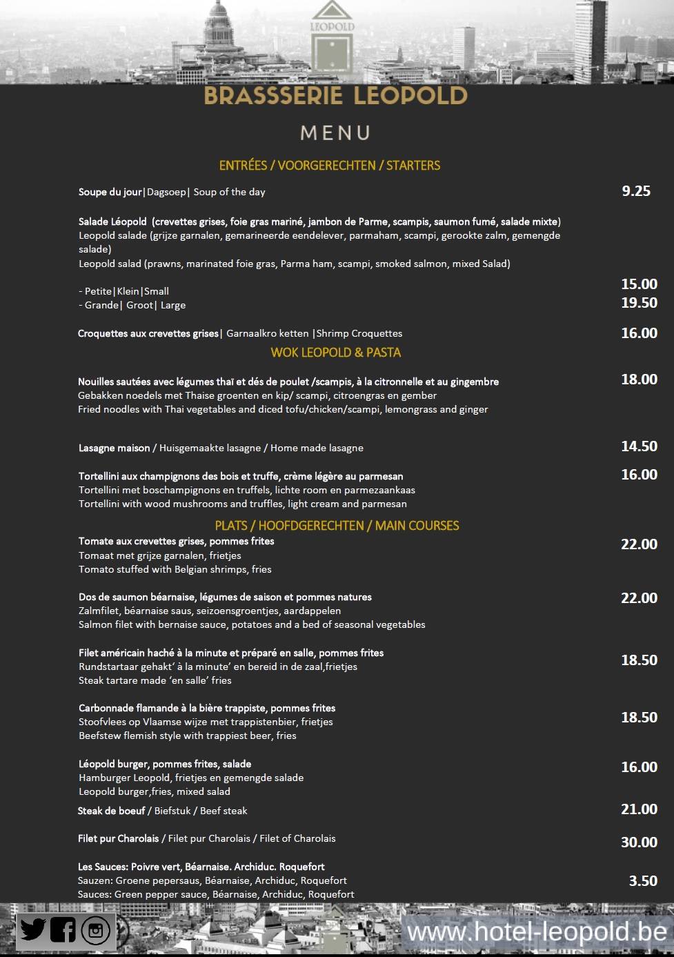 Menu at Brasserie Leopold, Ixelles, Rue du Luxembourg 33