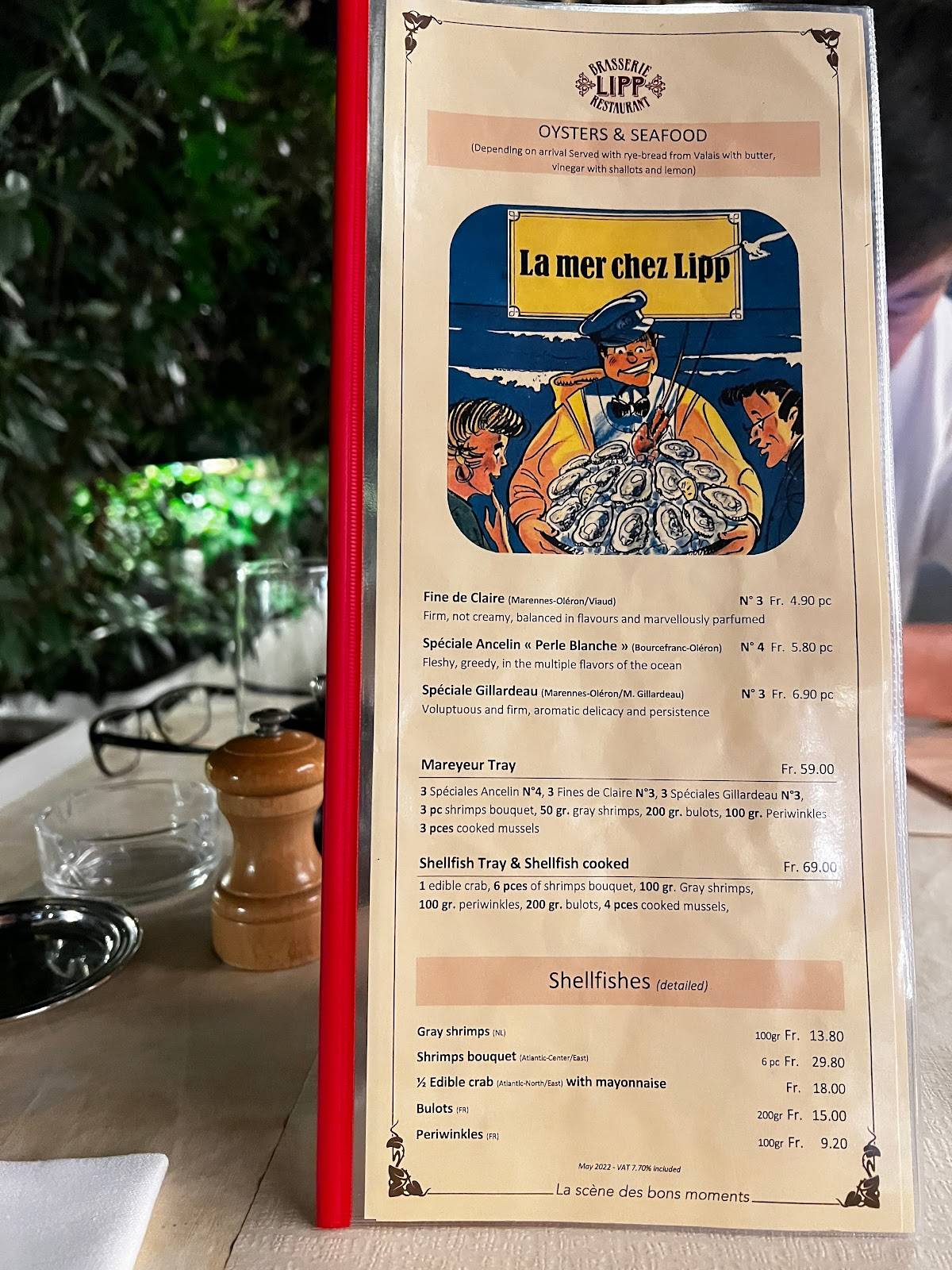Menu au Brasserie Lipp, Genève, Confédération Centre