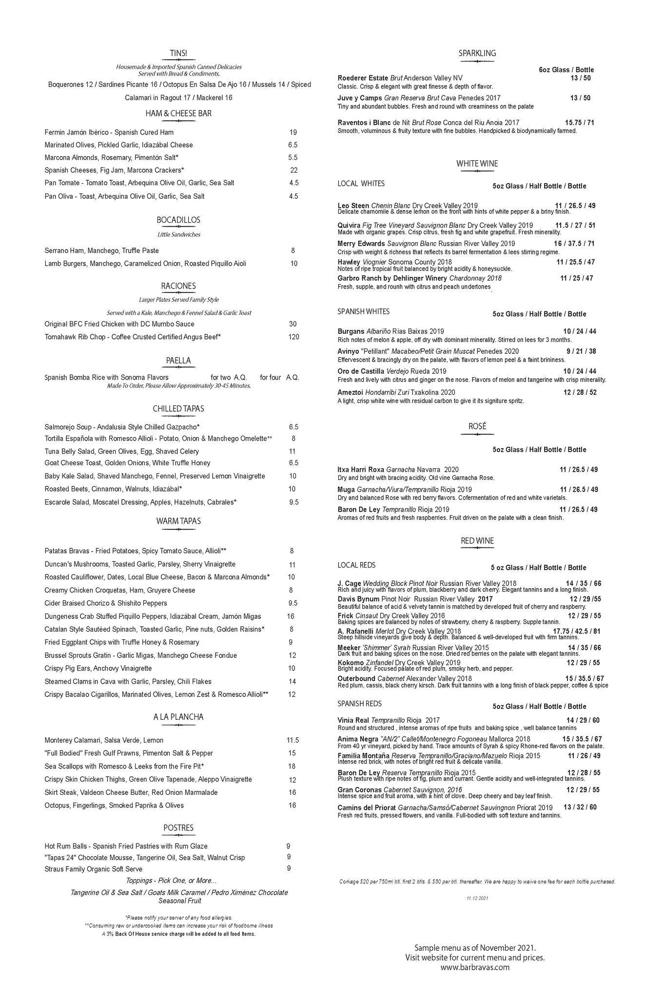Menu at Bravas Bar de Tapas, Healdsburg