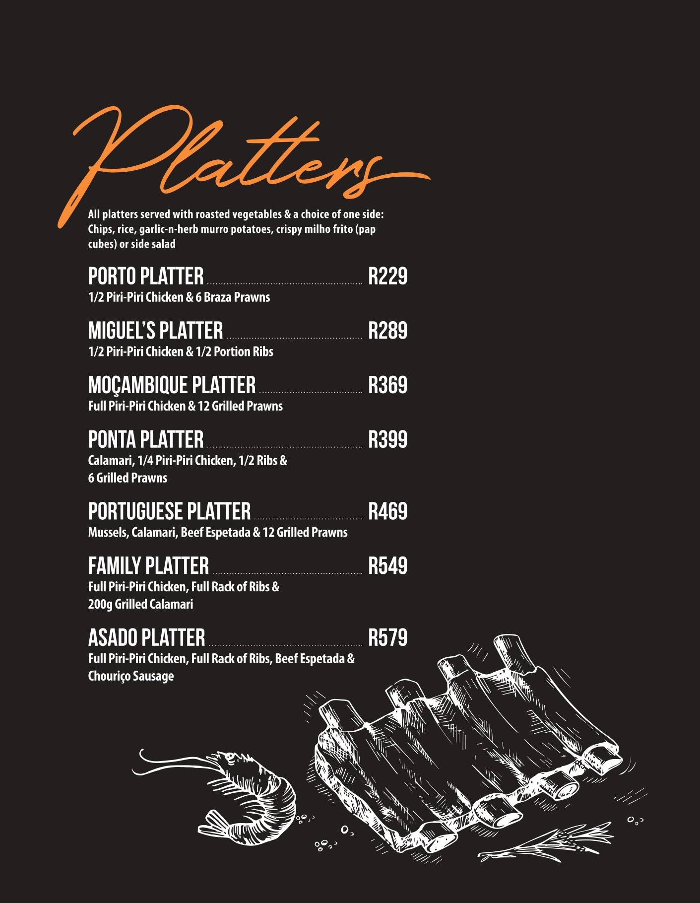Menu at Braza restaurant, Bloemfontein, Loch Logan