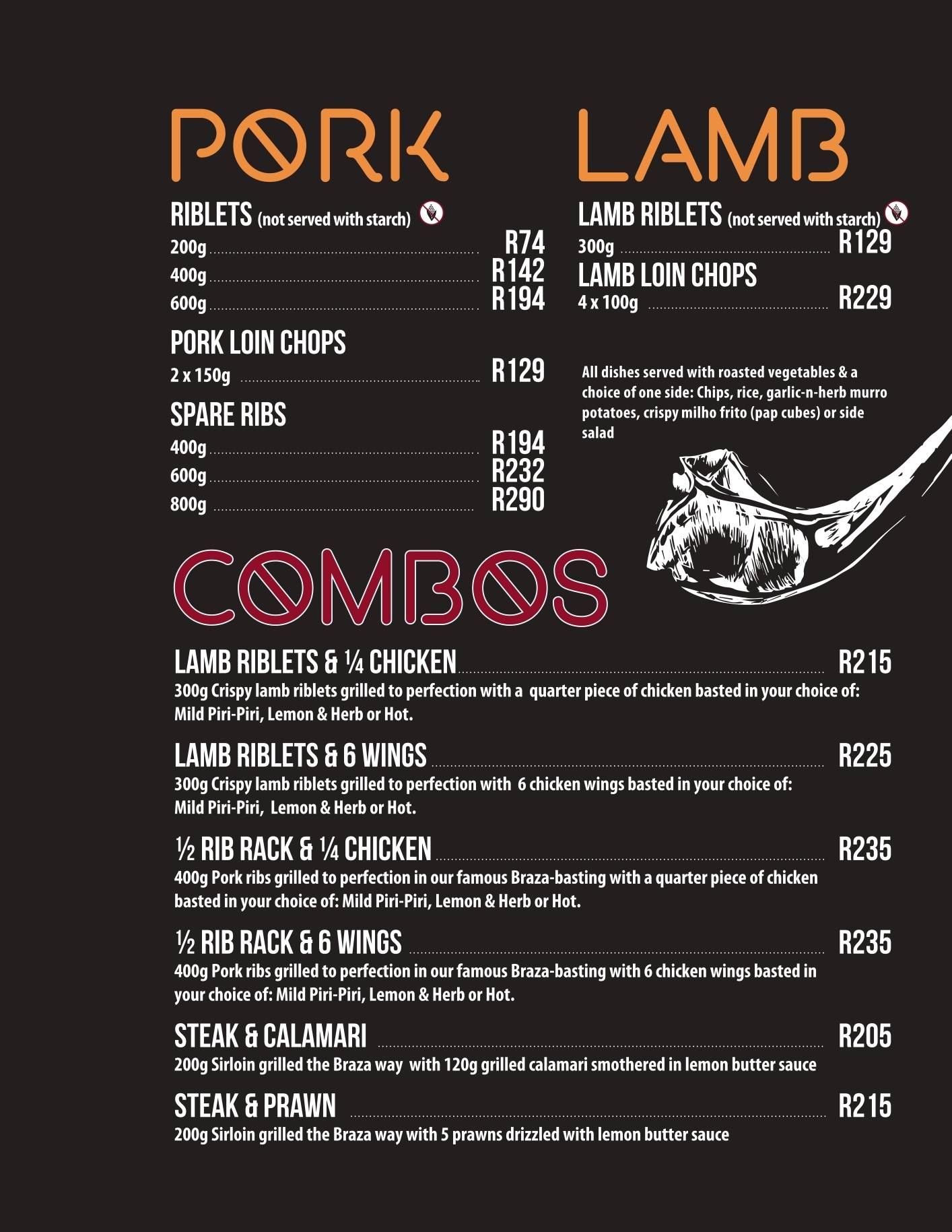 Menu at Braza restaurant, Bloemfontein, Loch Logan