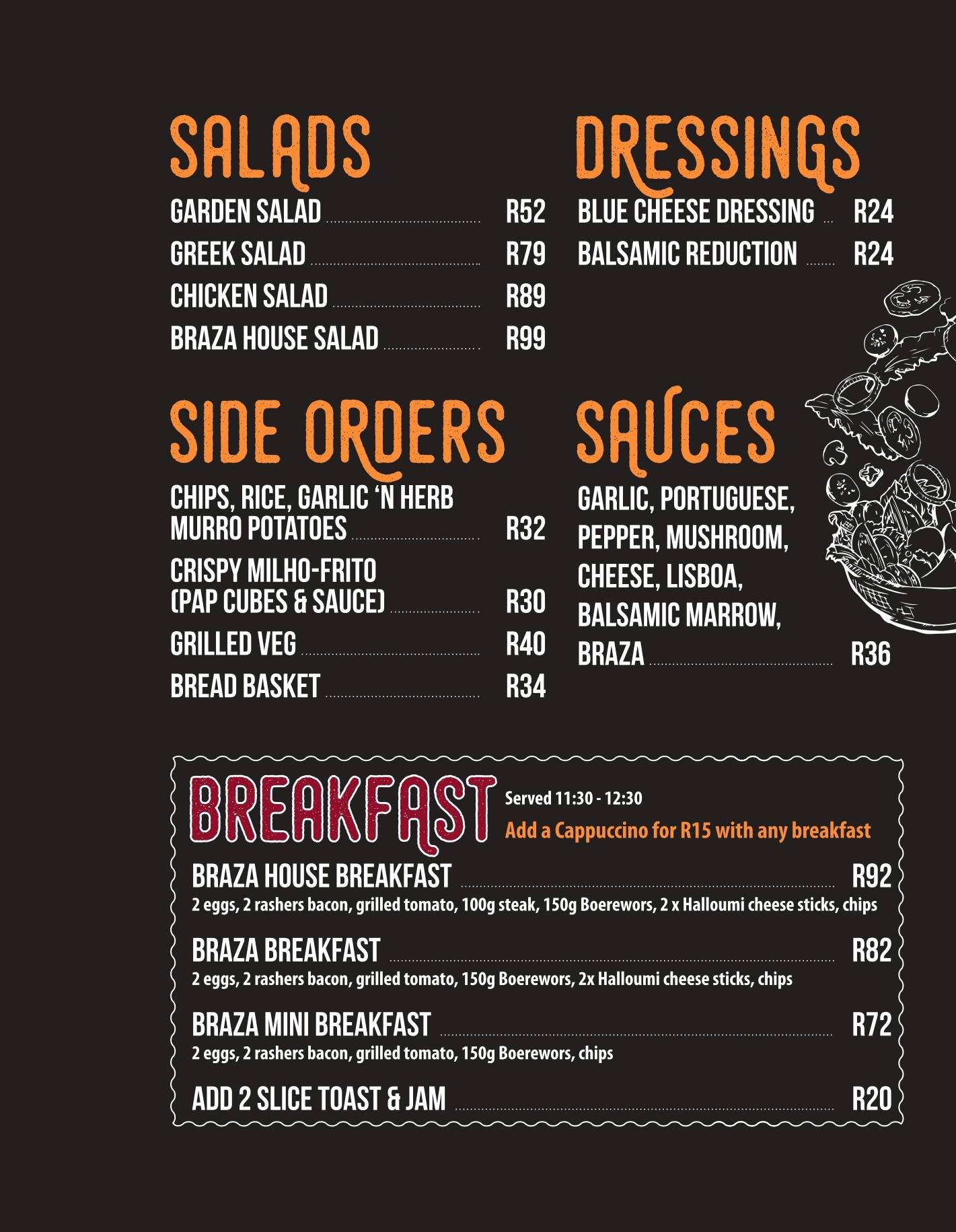 Menu at Braza restaurant, Bloemfontein, Loch Logan
