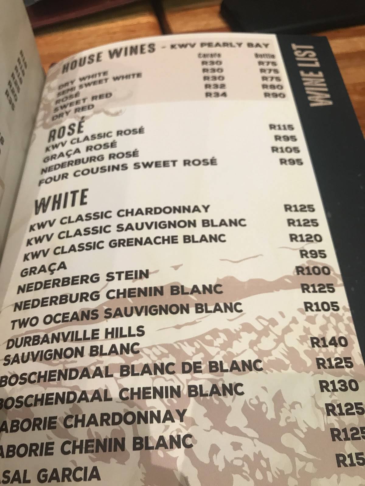 Menu at Braza restaurant, Bloemfontein, Loch Logan