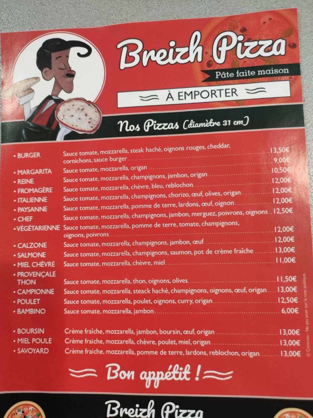 Menu au Breizh Pizza restaurant, Pénestin