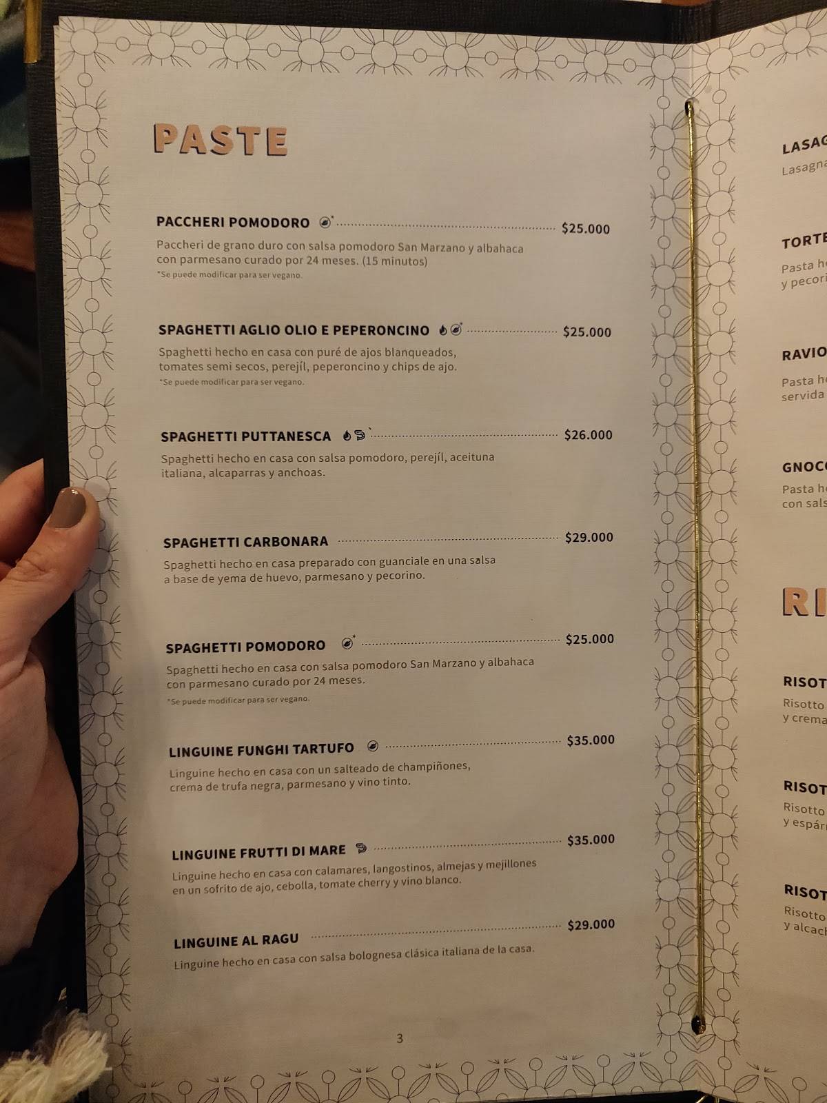 Carta de Brera Italian Restaurant & Wine Bar, Bogotá