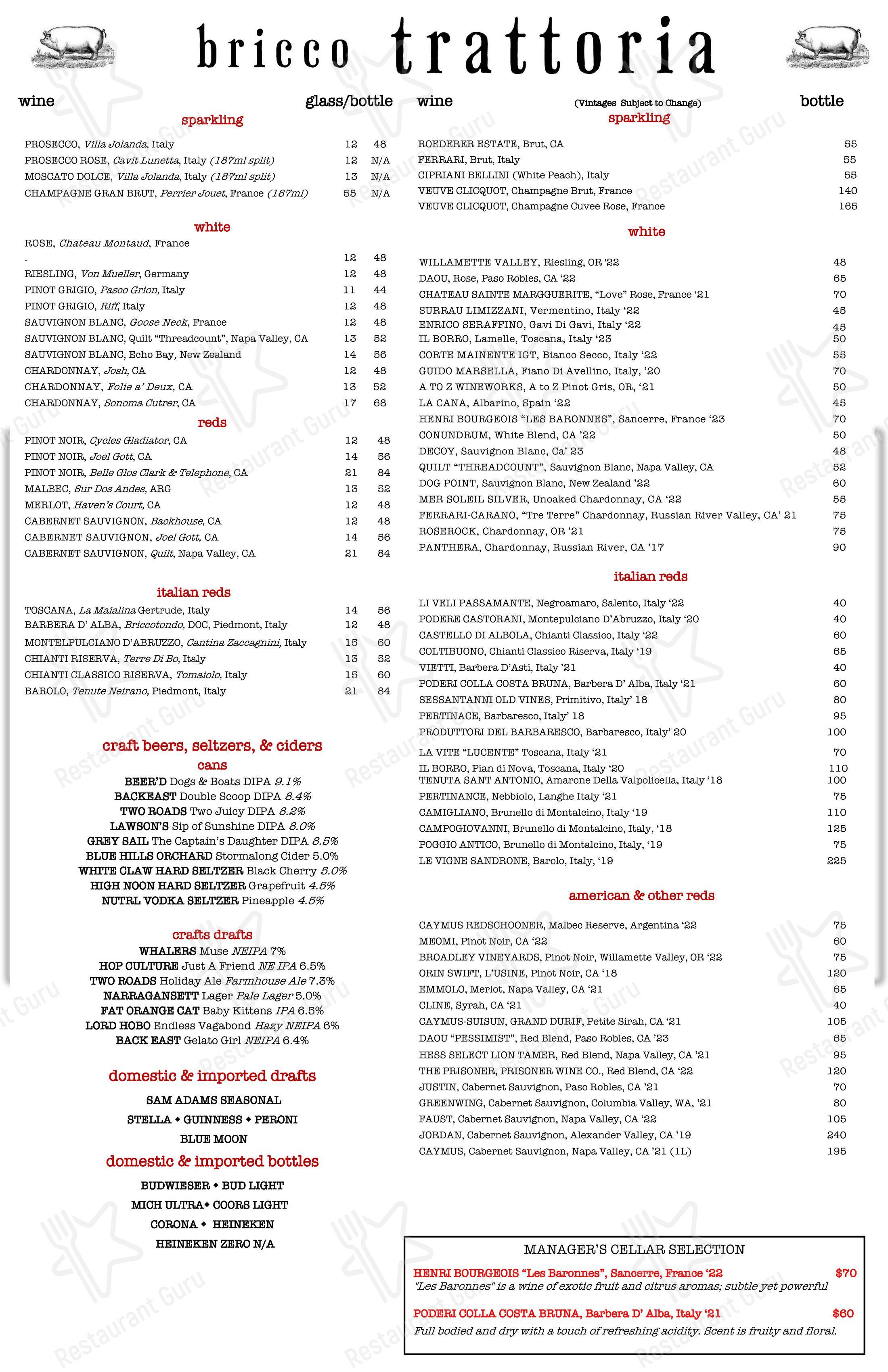 Menu at Bricco Trattoria restaurant, Glastonbury