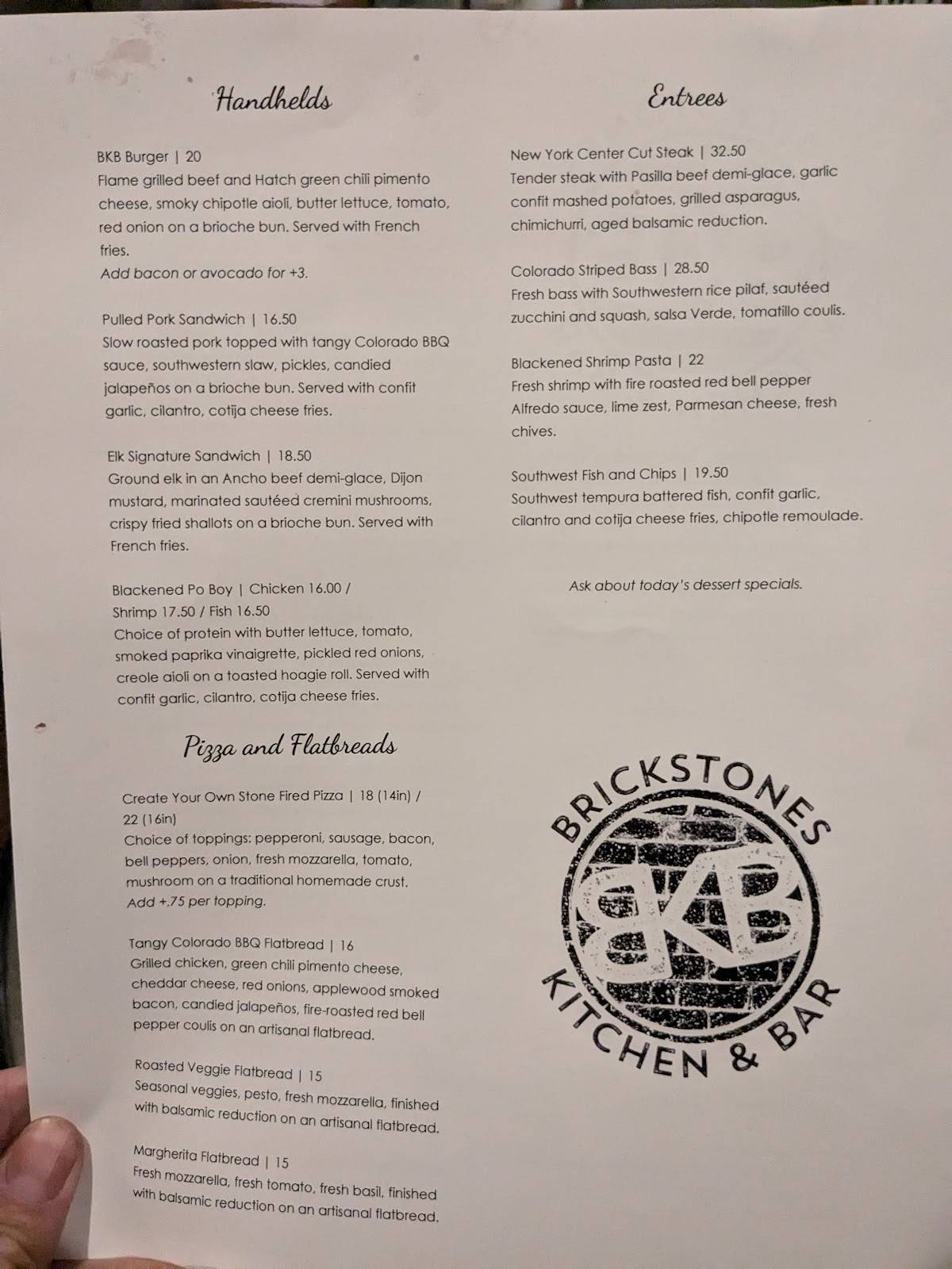 Carta de Brickstones Kitchen & Bar, Boulder
