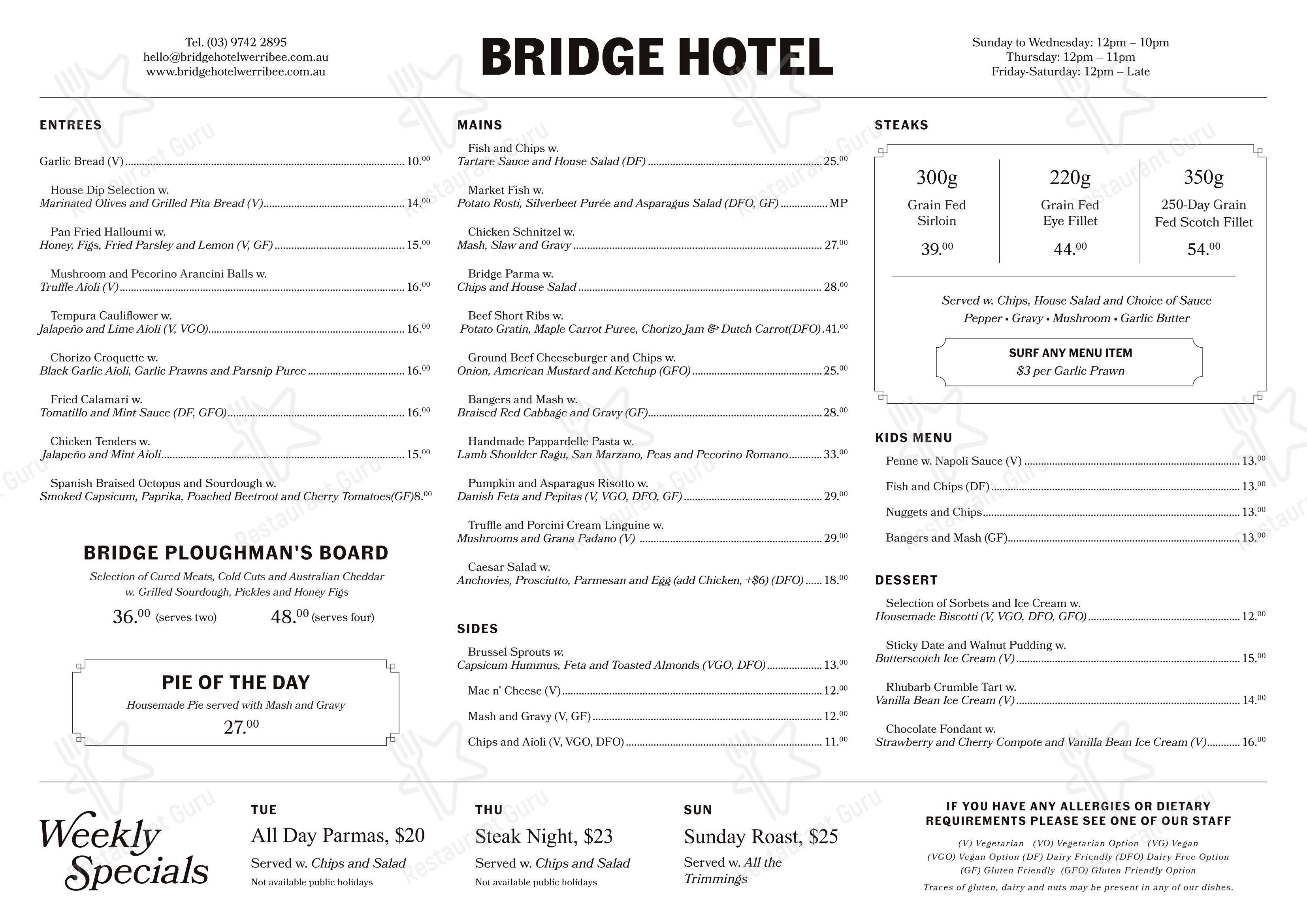 Menu at Bridge Hotel Werribee restaurant, Werribee
