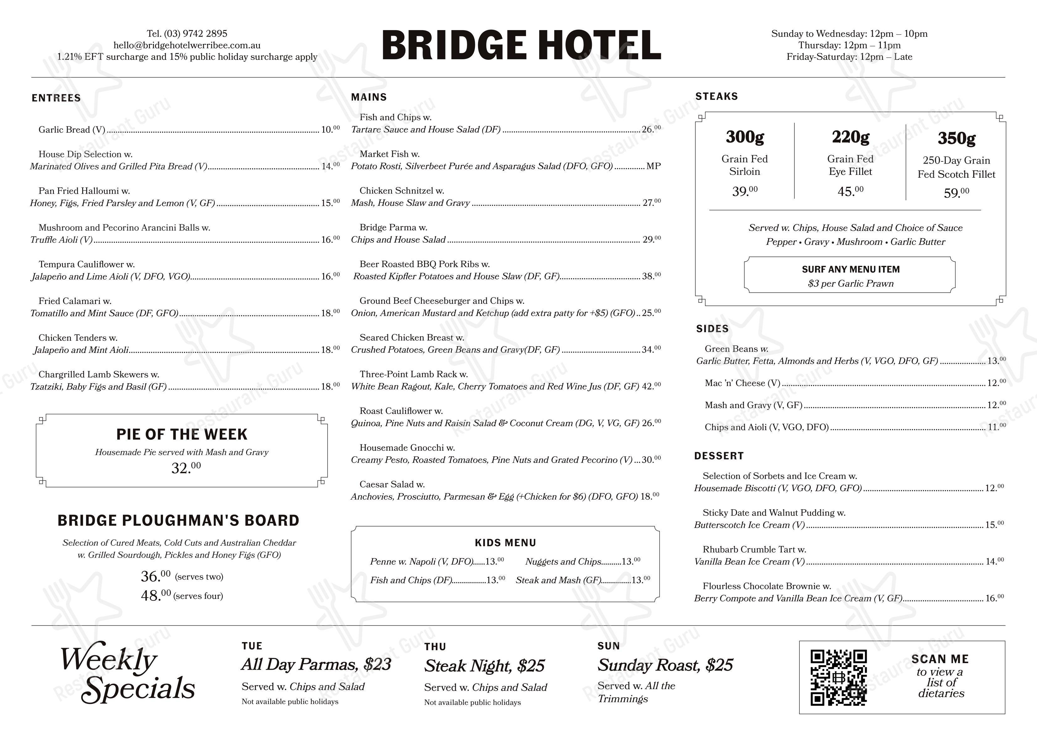 Menu at Bridge Hotel Werribee restaurant, Werribee