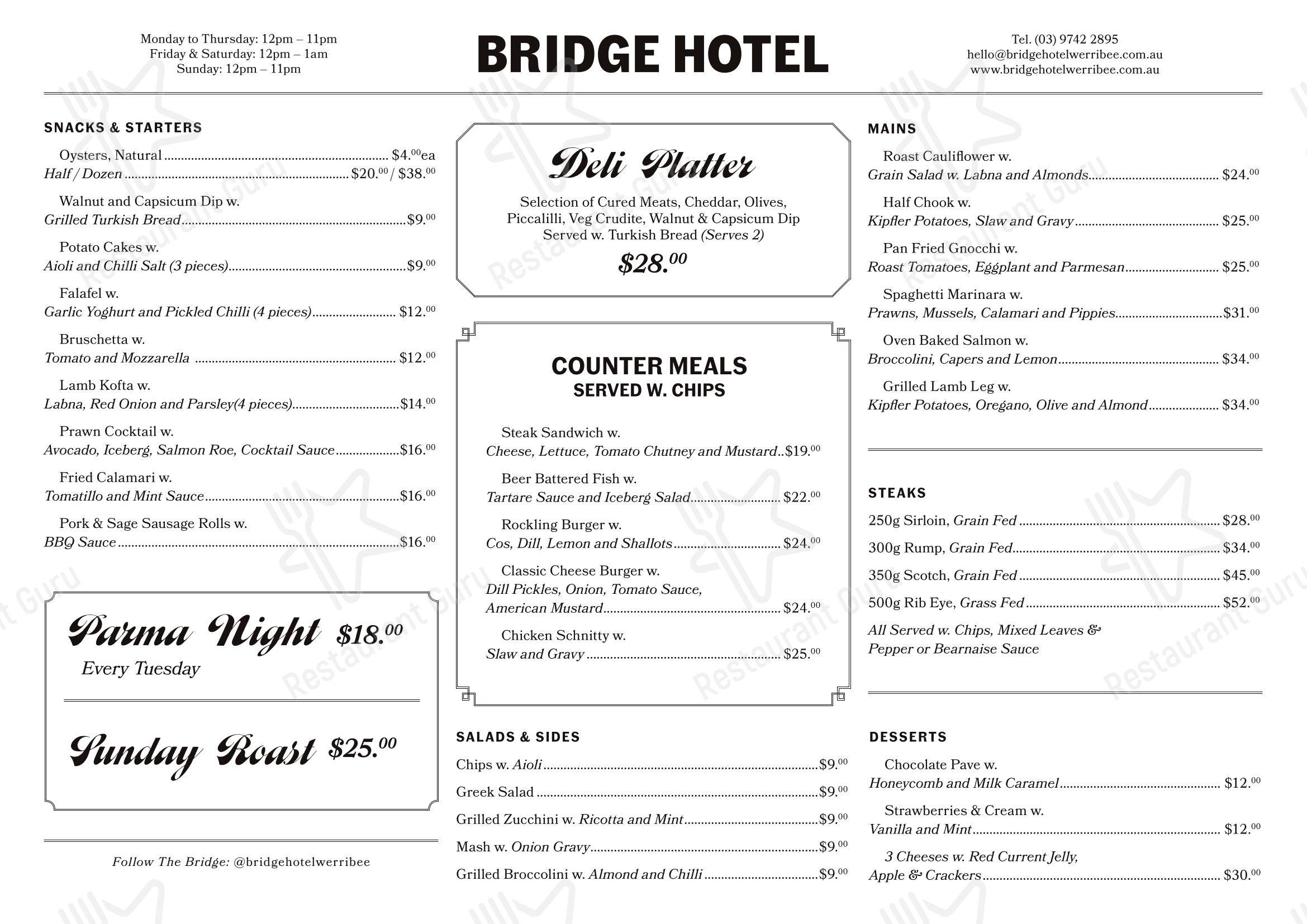 Menu at Bridge Hotel Werribee restaurant, Werribee