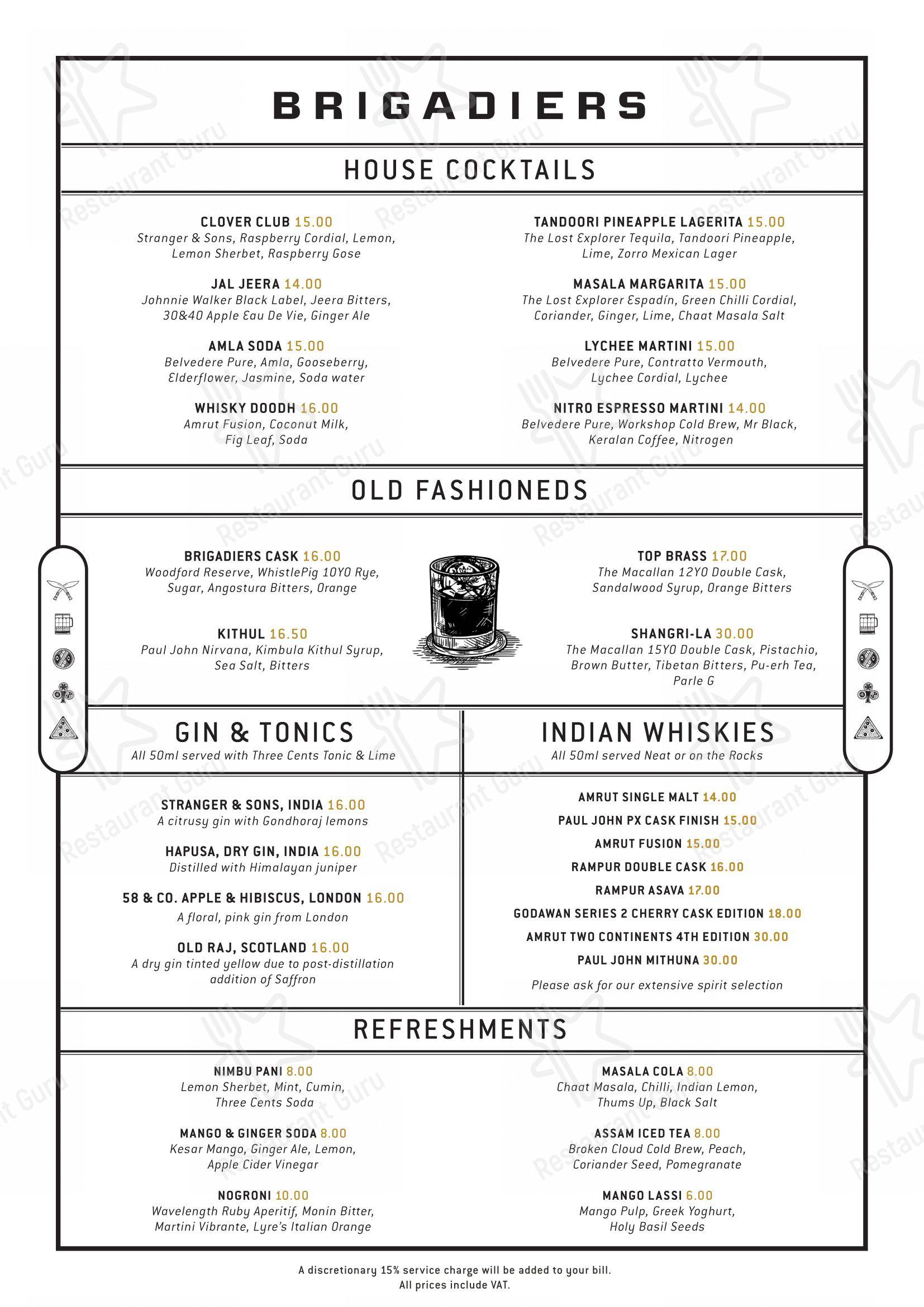 Menu at Brigadiers restaurant, London