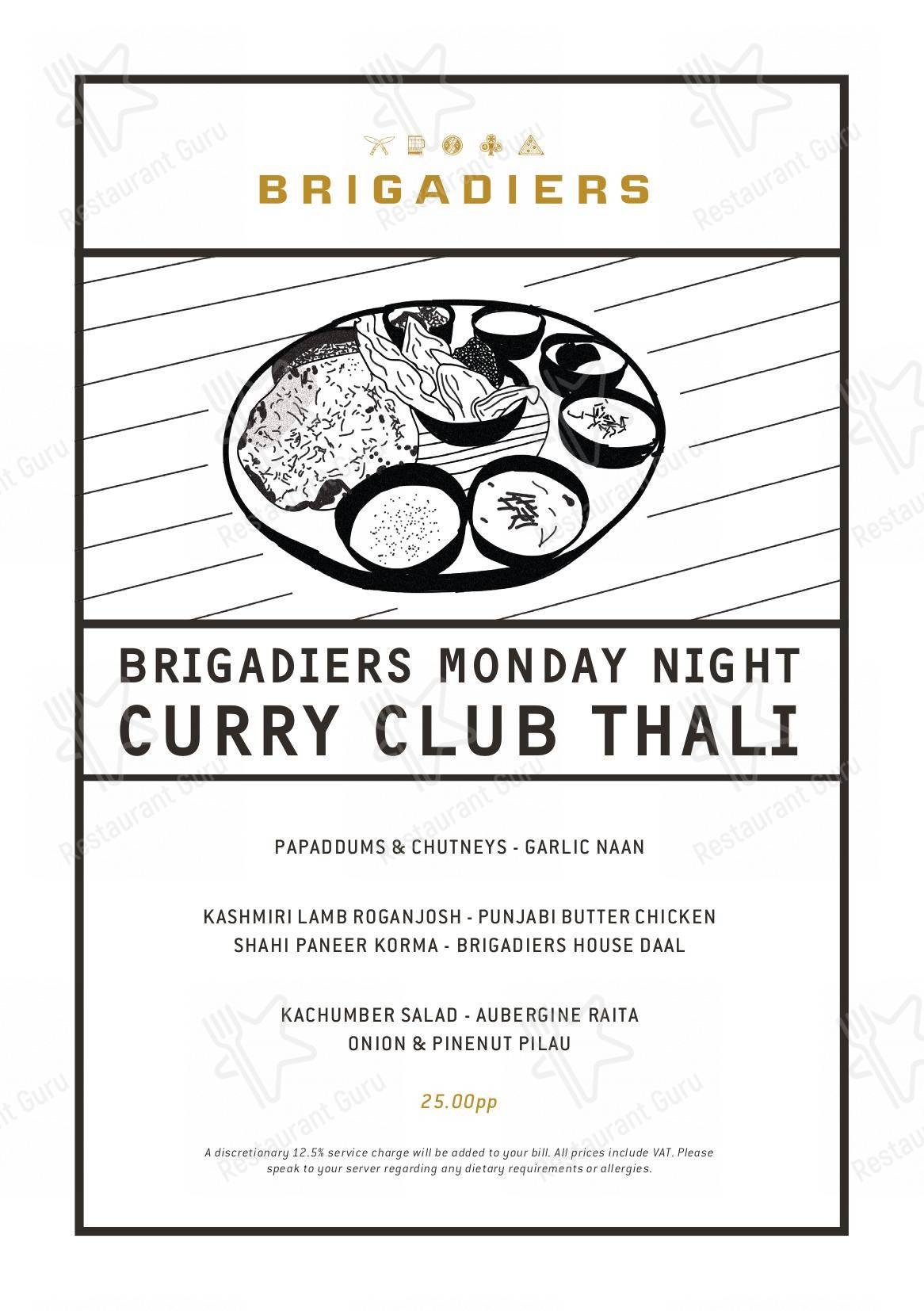 Menu at Brigadiers restaurant, London