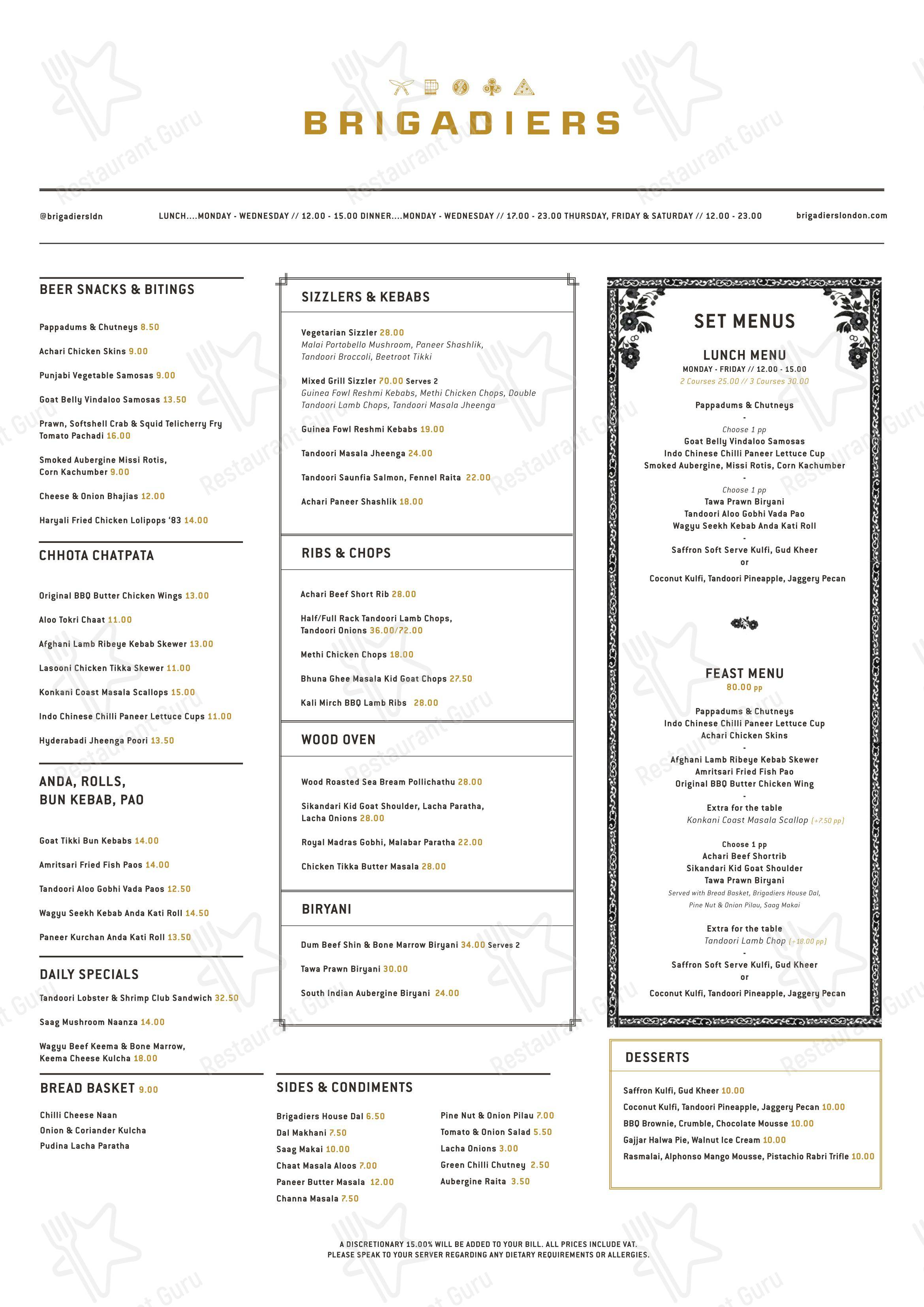 Menu at Brigadiers restaurant, London