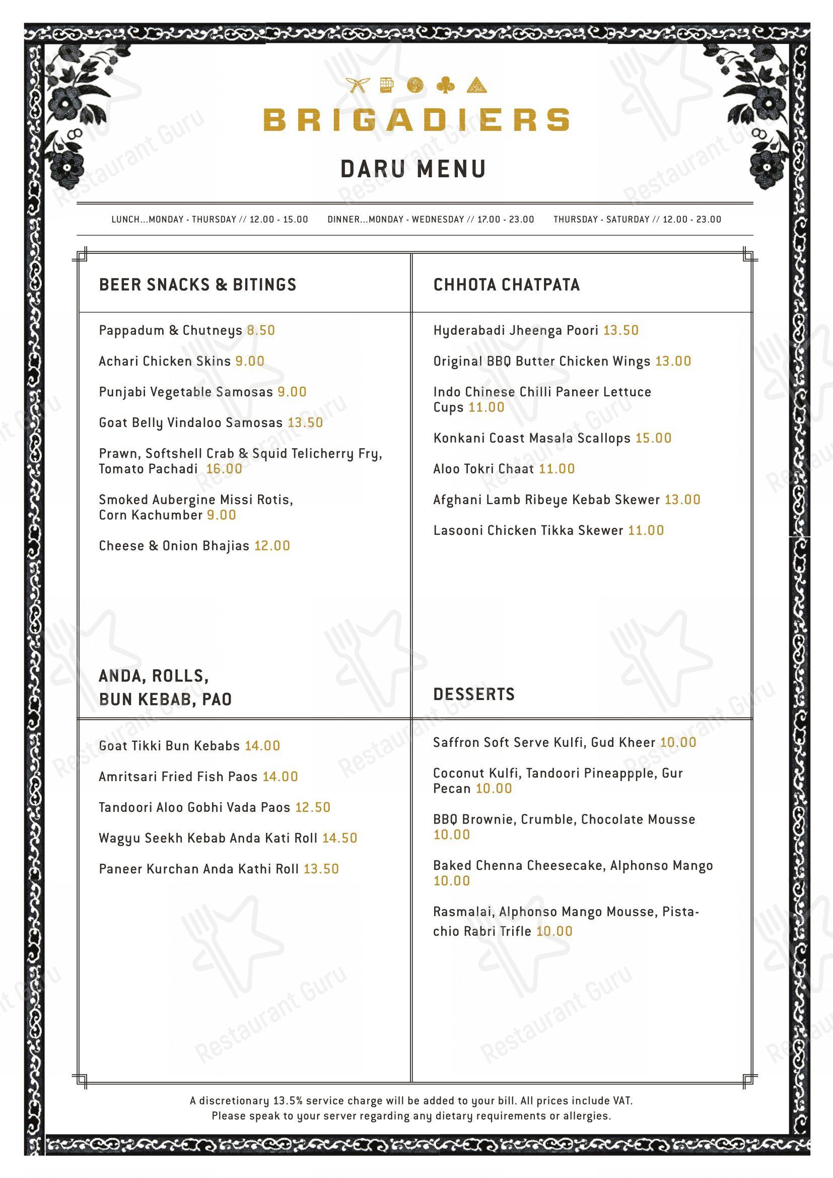 Menu at Brigadiers restaurant, London