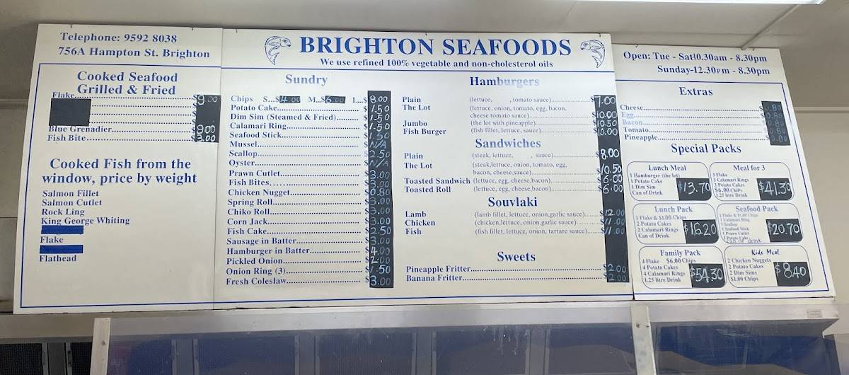 Menu at Brighton Seafoods restaurant, Hampton, 756A Hampton St