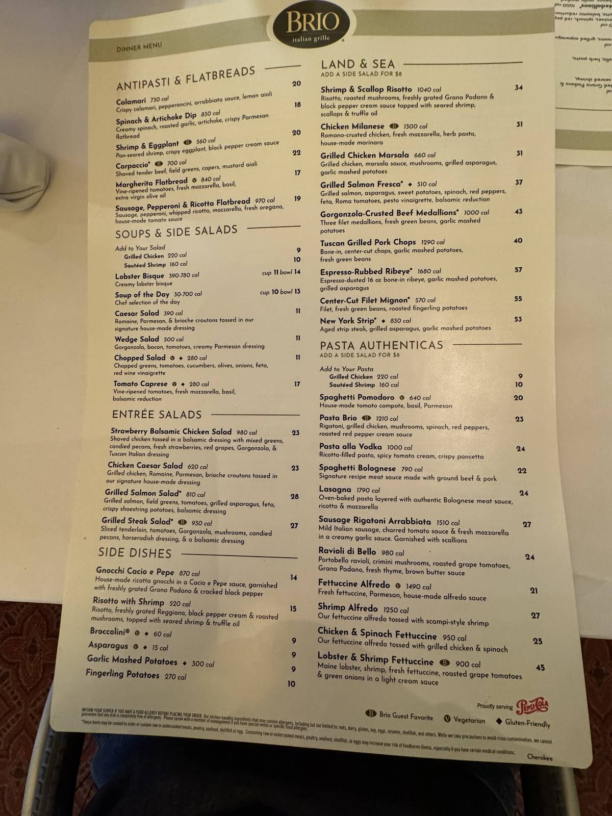 Menu at Brio Italian Grille pub & bar, Cherokee, 777 Casino Dr