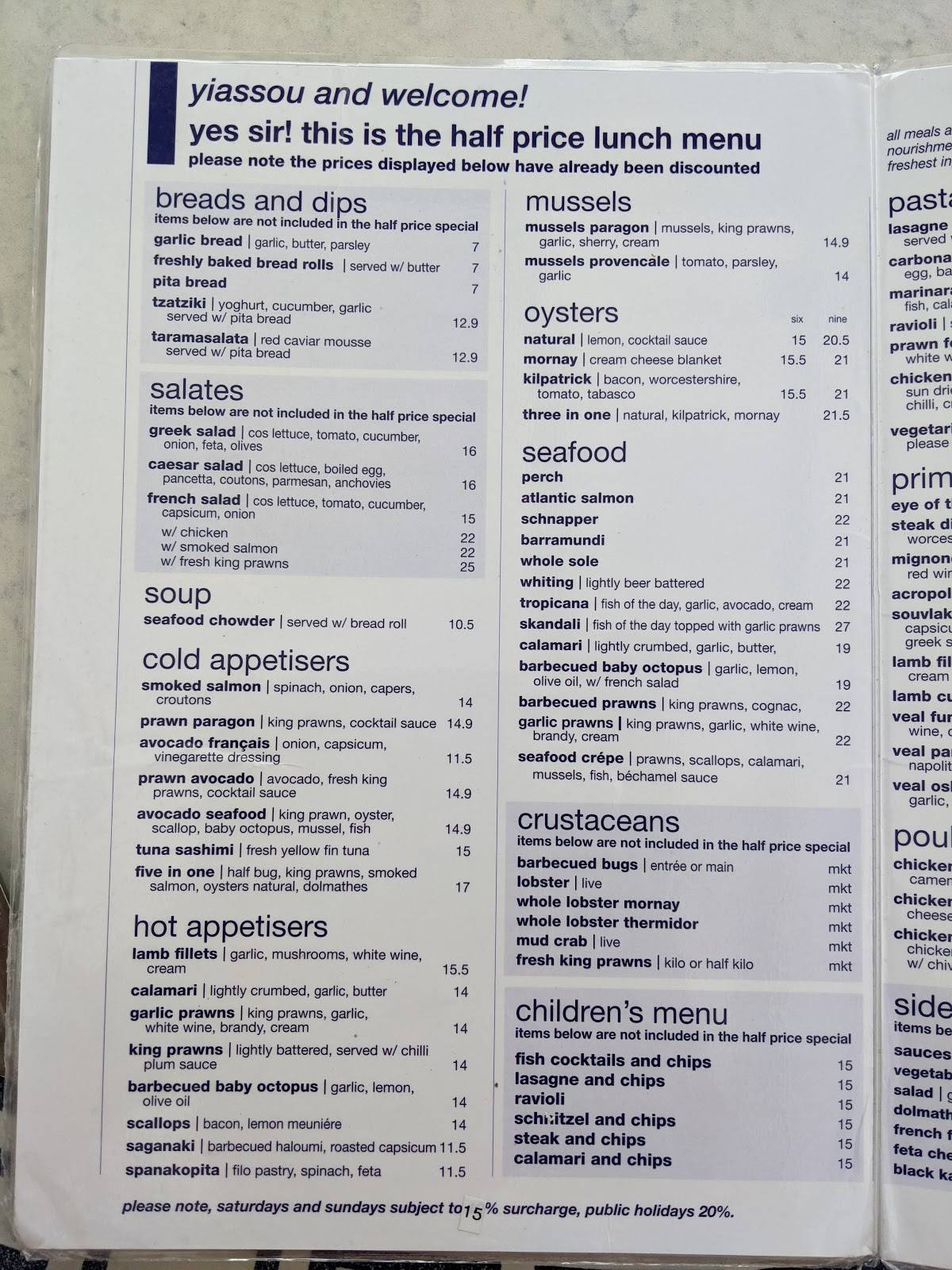 Menu at George's Paragon Seafood Restaurant, Brisbane City