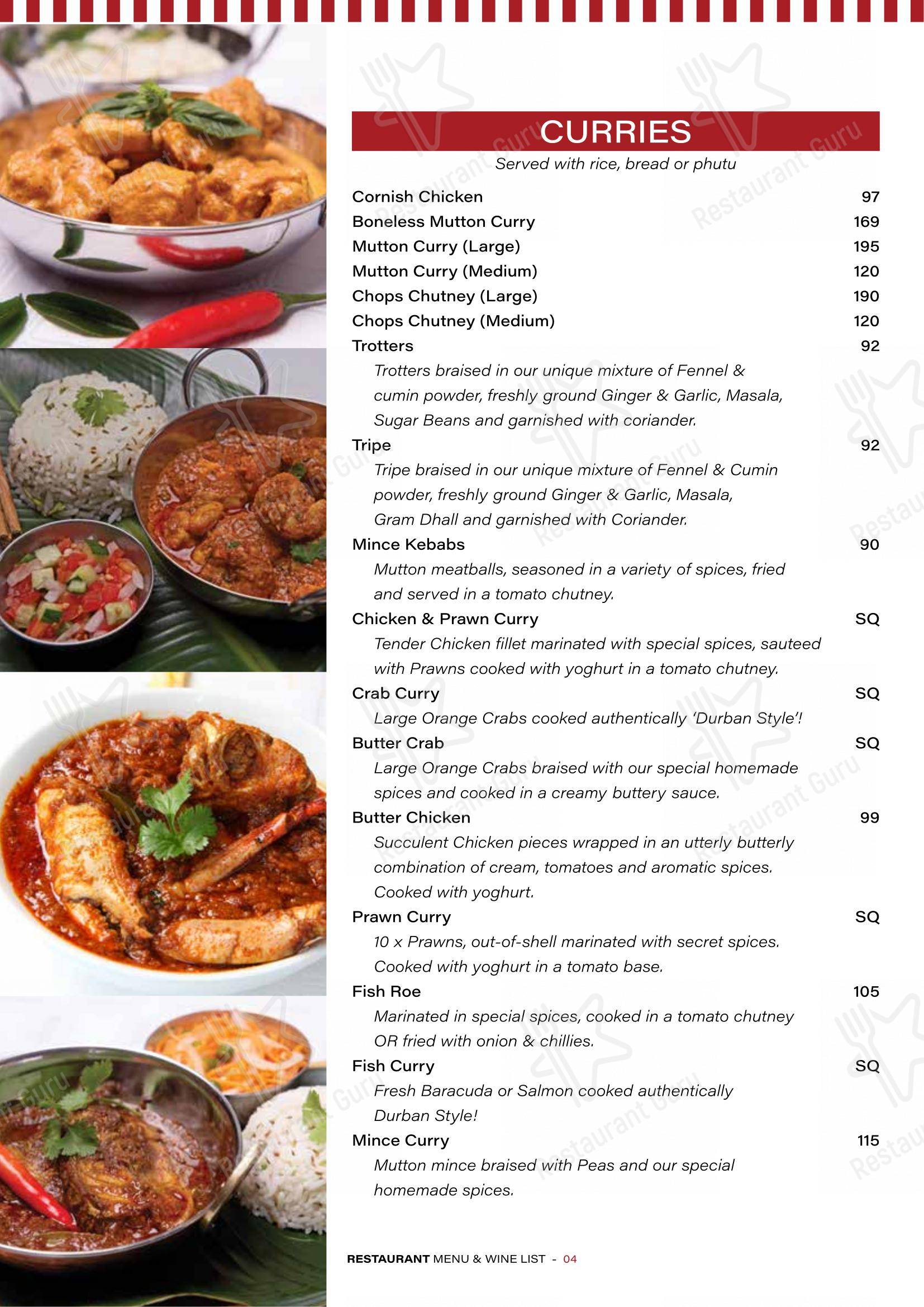 Menu at Britannia Hotel restaurant, Durban