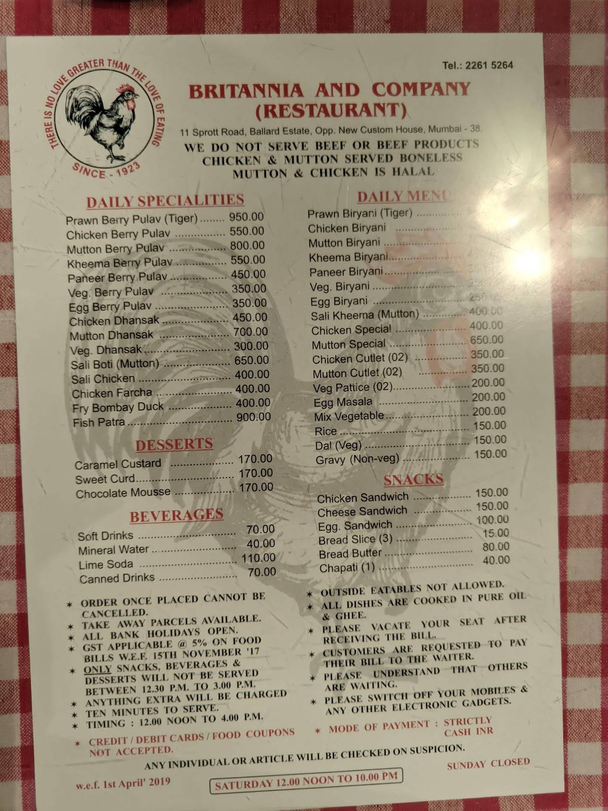 Menu at Britannia & Company, Mumbai