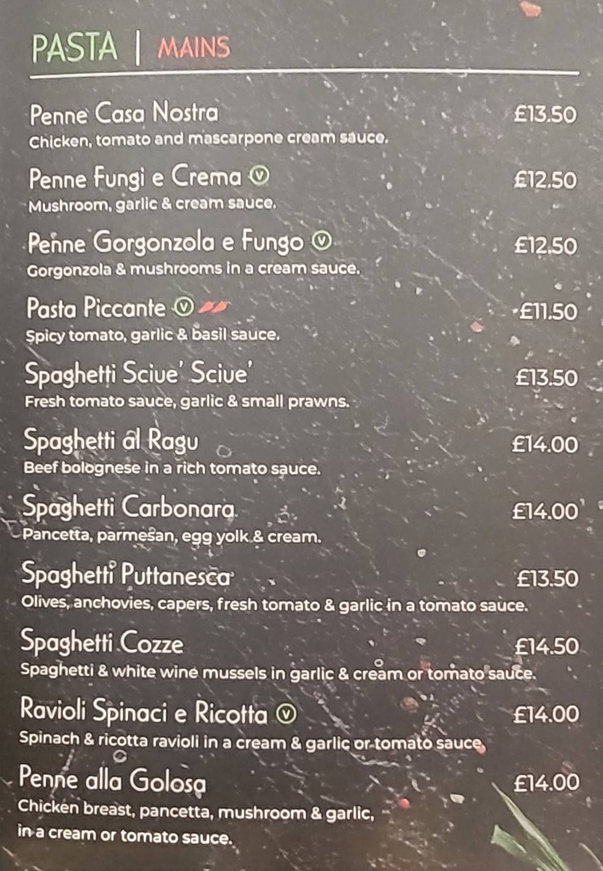 Menu at Casa Nostra Italian restaurant, Brixham