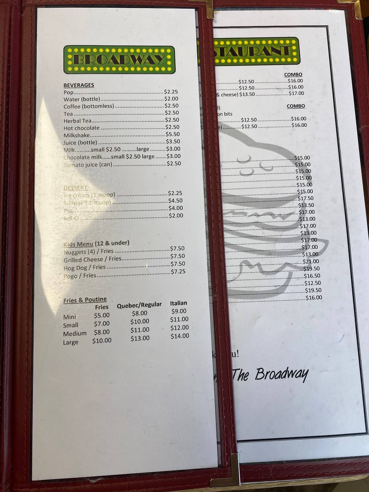 Menu at Broadway Restaurant, Timmins