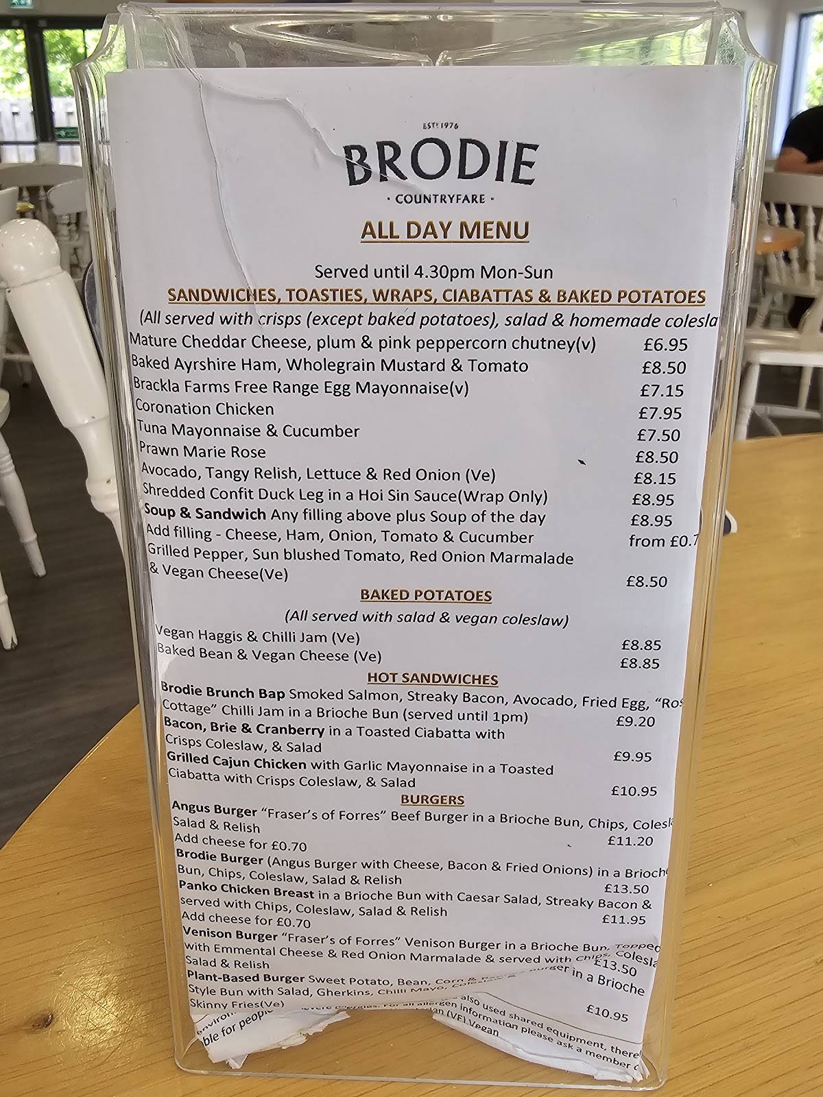 Menu at Brodie Countryfare restaurant, Brodie